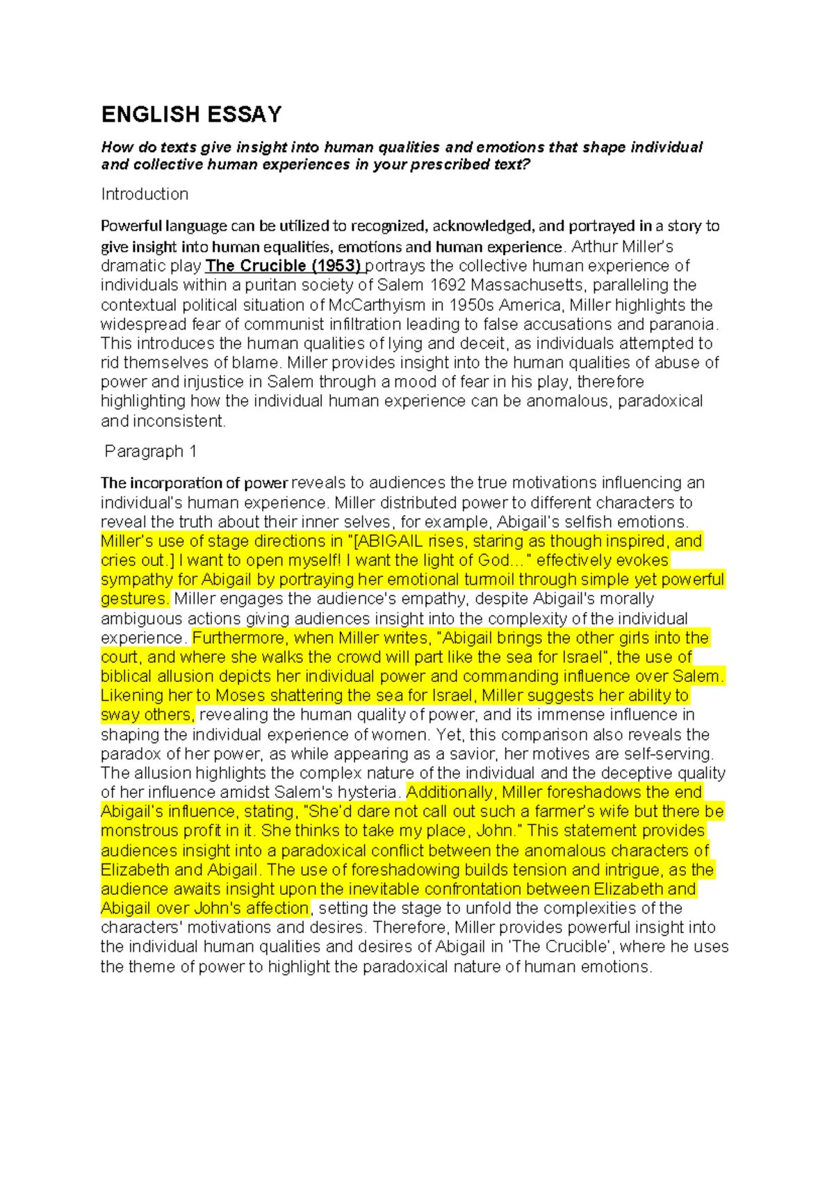 Crucible essay - ENGLISH ESSAY How do texts give insight into human ...