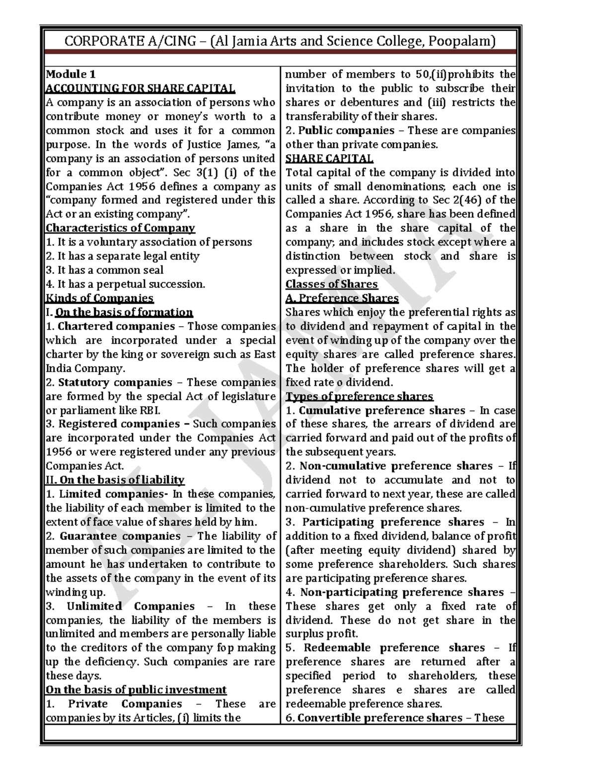 Corporate Accounting lecture notes - Module 1 ACCOUNTING FOR SHARE ...