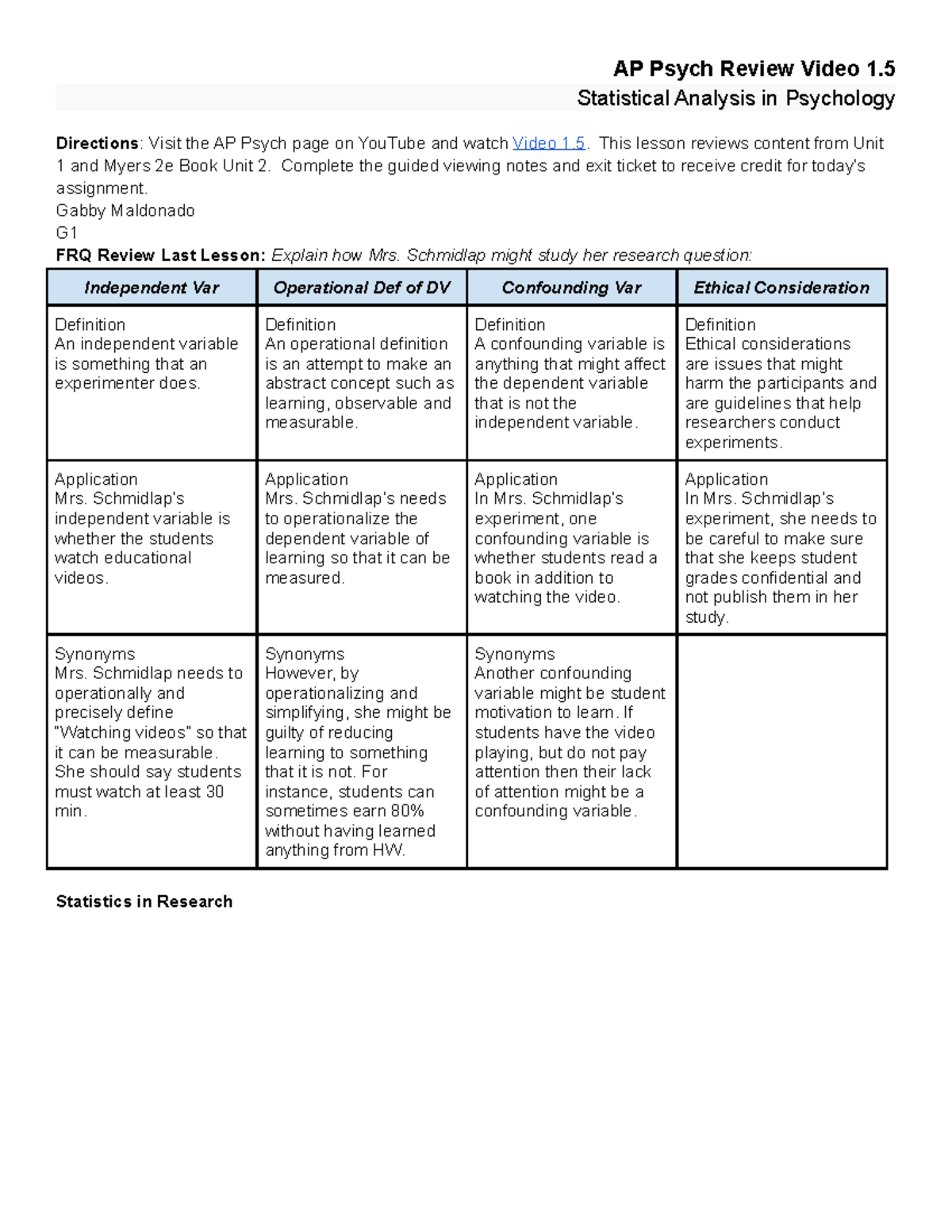 Assignment AP Psych Review Video 1.5 - AP Psych Review Video 1 ...