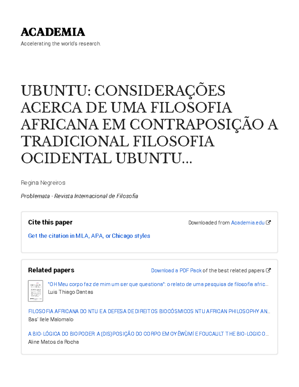 Negreiros Ubuntu Consideracoes Acerca DE UMA Filosofia Africana ...