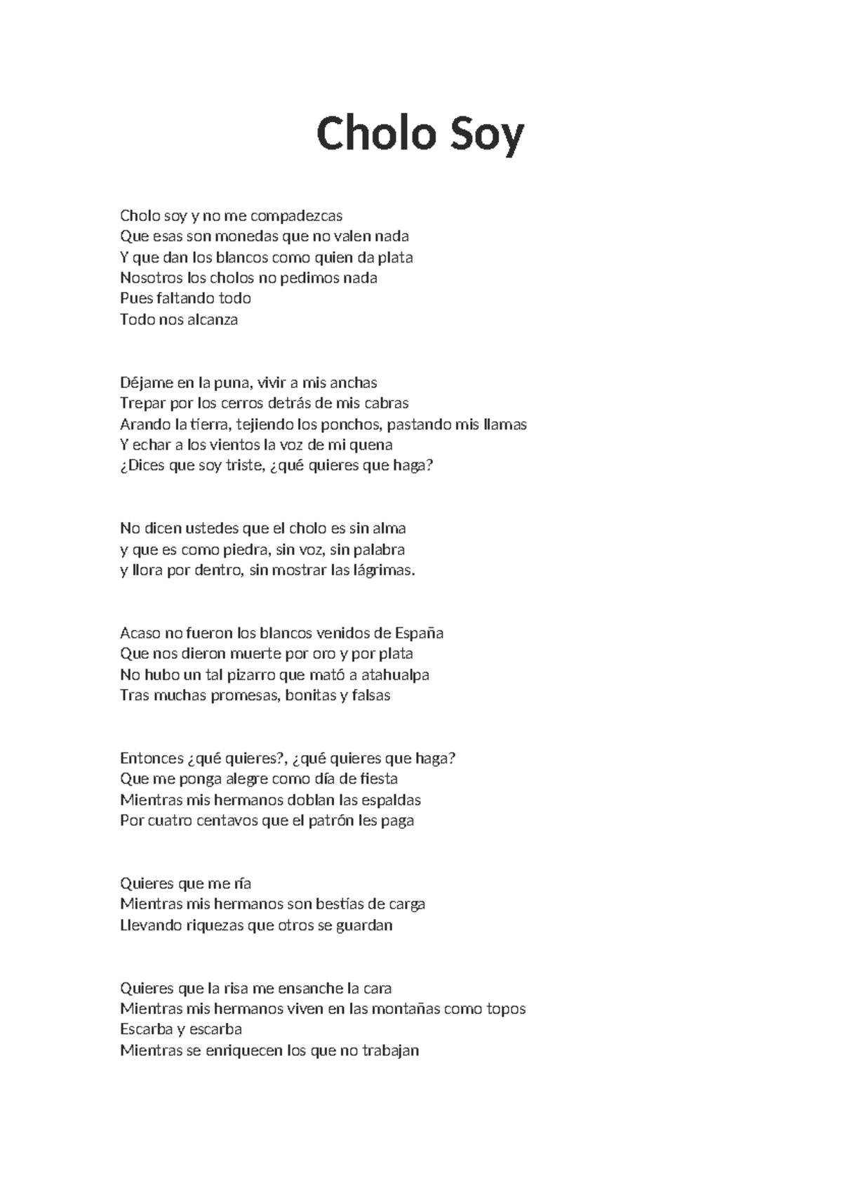 Letra de Cholo Soy - cancion - Cholo Soy Cholo soy y no me compadezcas ...