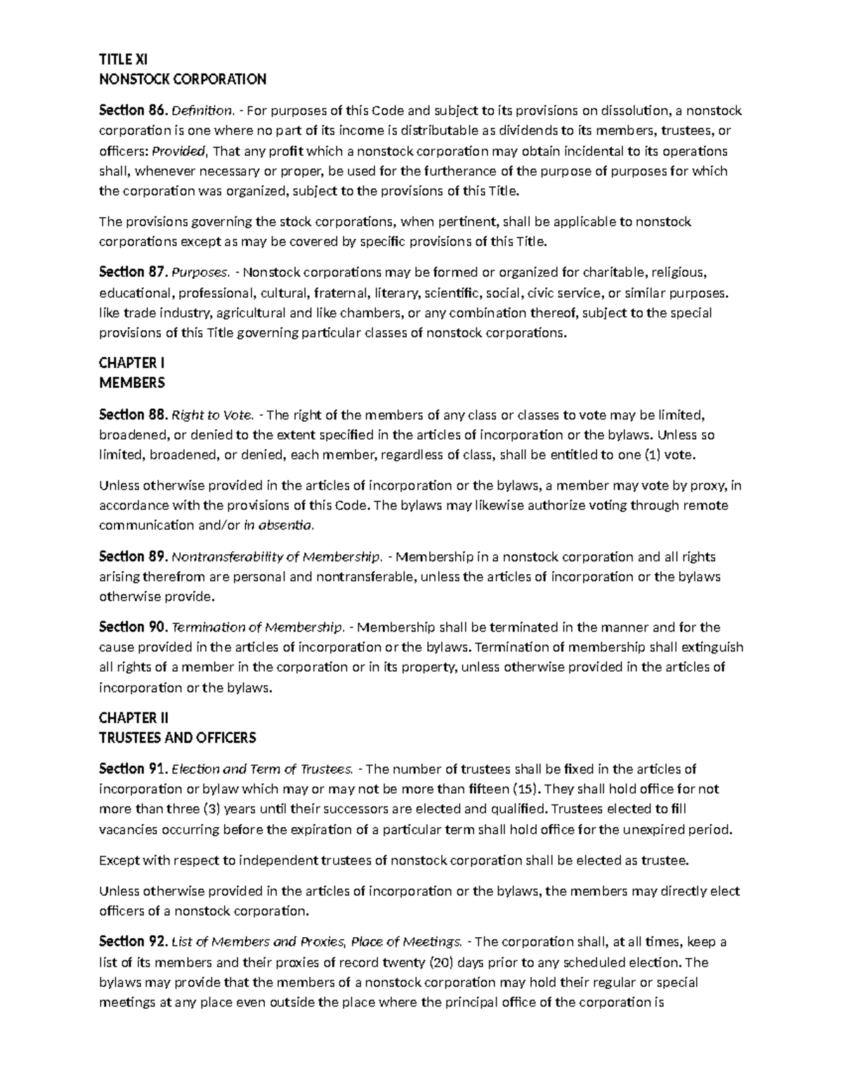 Title XI-XIII - TITLE XI NONSTOCK CORPORATION Section 86. Definition ...