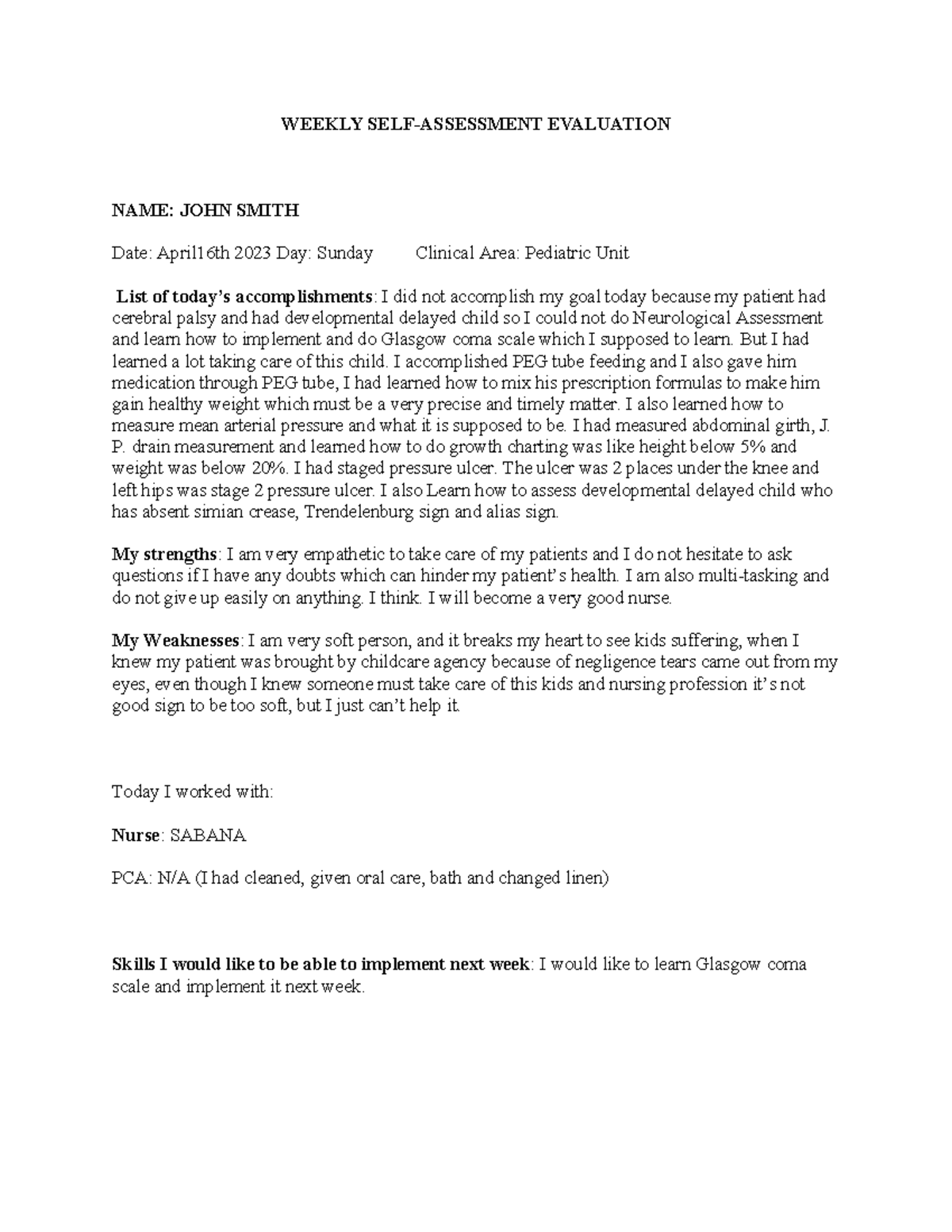 Student Weekly SELF eval NUR1220 L - WEEKLY SELF-ASSESSMENT EVALUATION ...