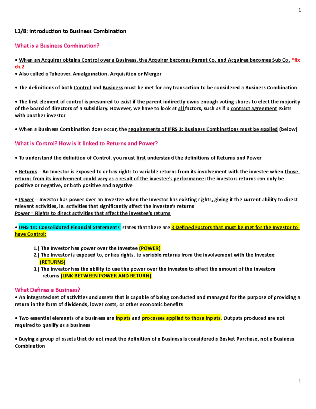 Ch.3 Notes L1 Intro to Business Combination - Final - 1 Introduction to ...