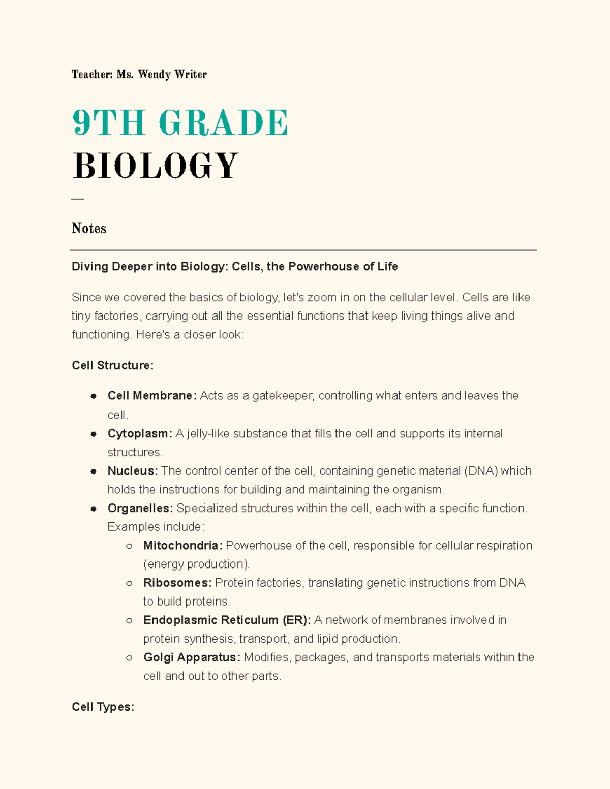 Class notes - A note all about biology - Teacher: Ms. Wendy Writer 9TH ...