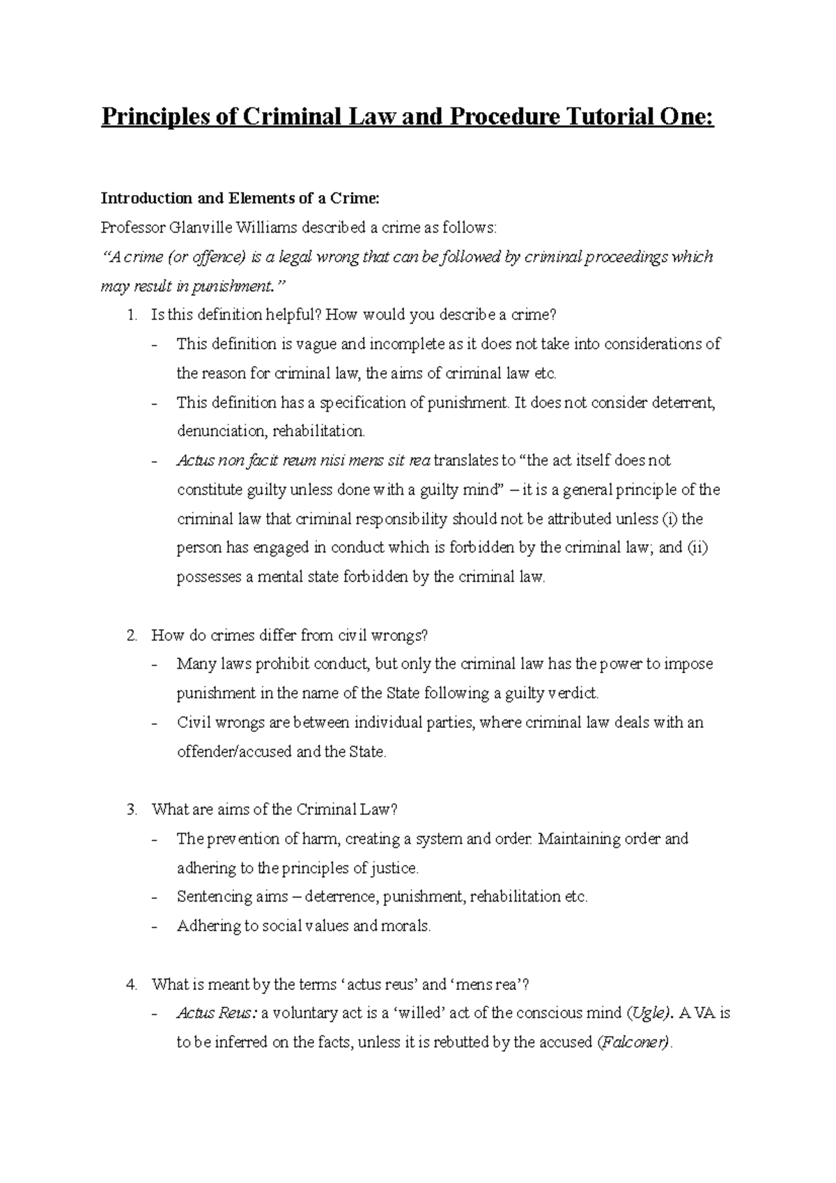 Principles of Criminal Law and Procedure Tutorial One Notes ...