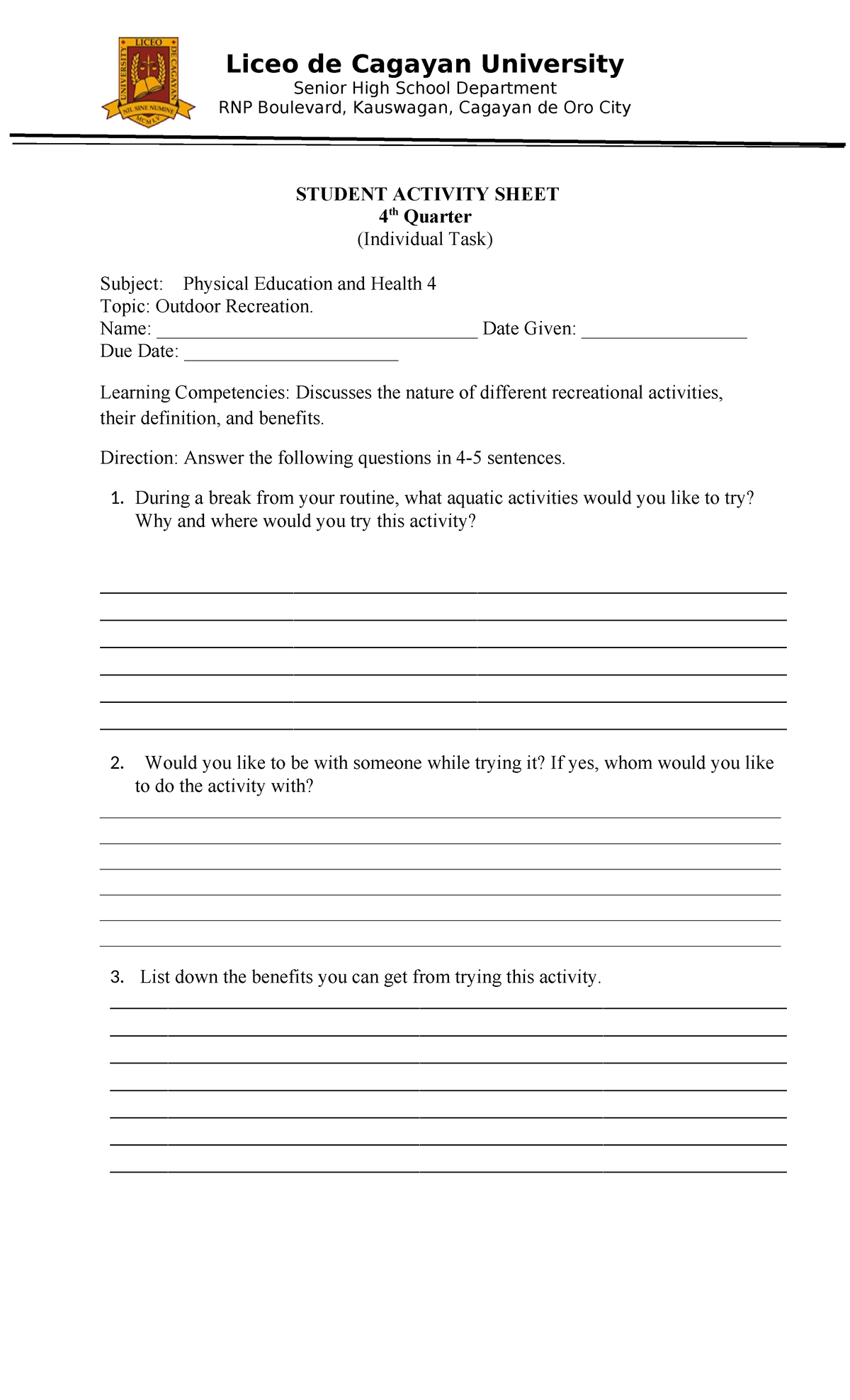 G12 Student Activity Sheet - Liceo de Cagayan University Senior High ...