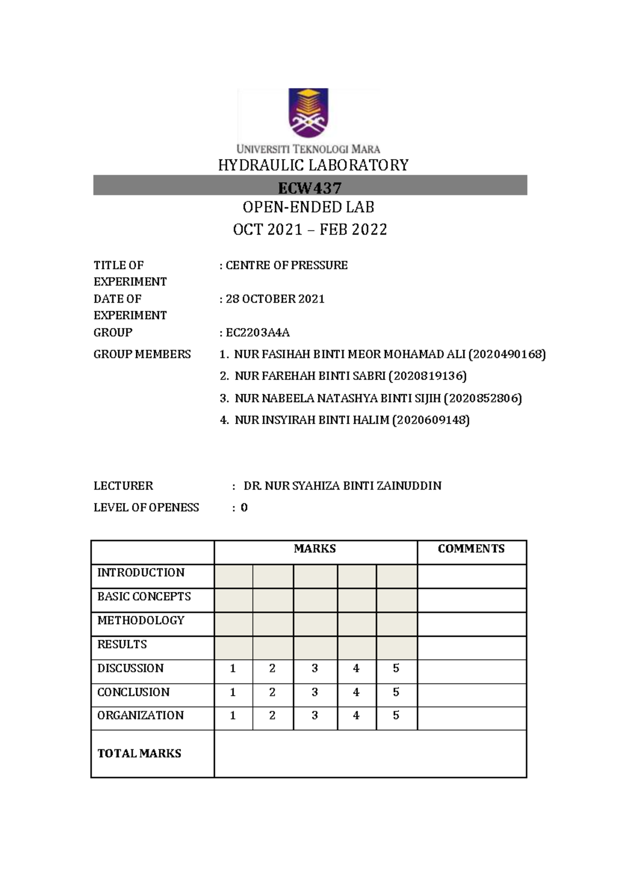 Centre OF Pressure - HYDRAULIC LABORATORY OPEN-ENDED LAB OCT 2021 – FEB ...