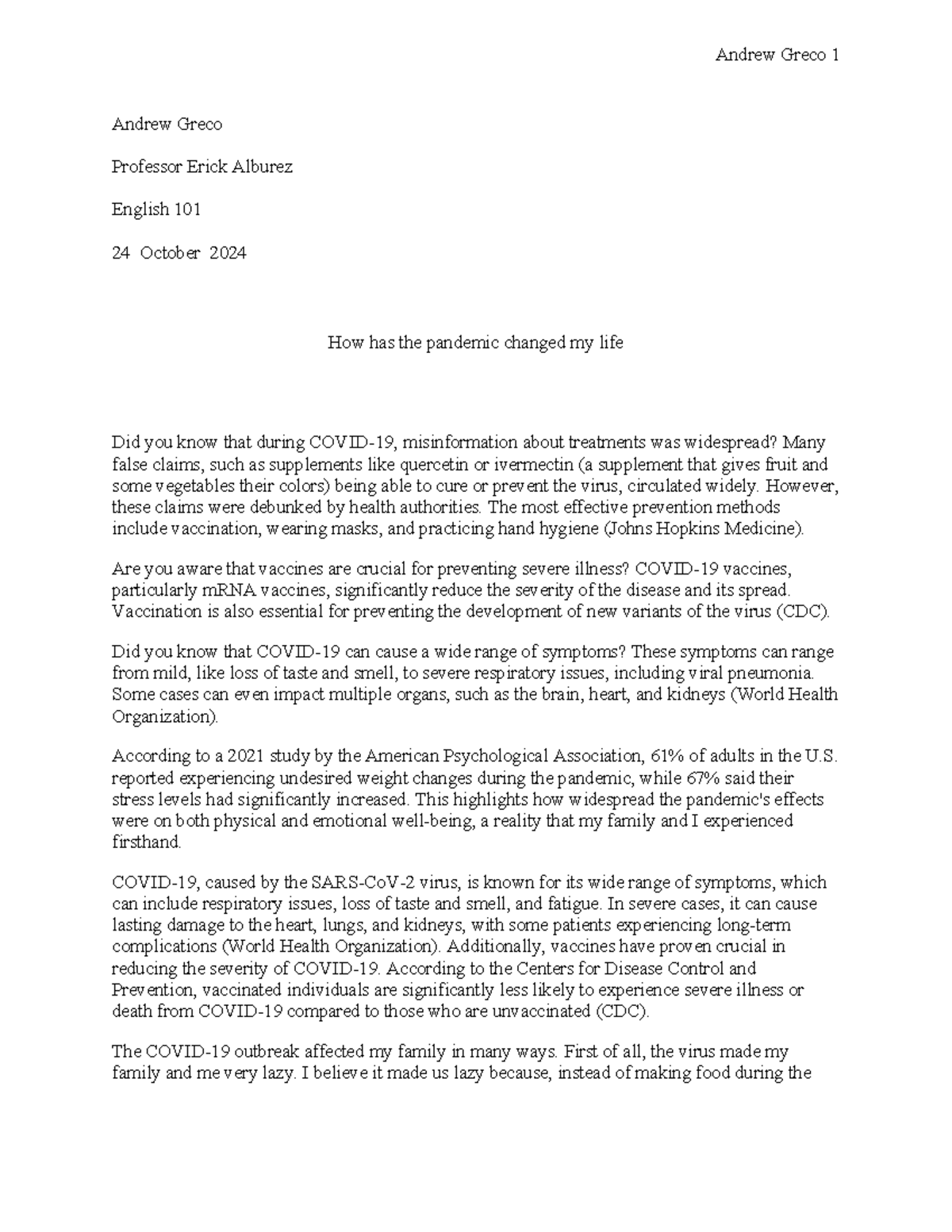 Prewriting outline final draft covid 19 - Andrew Greco Professor Erick ...