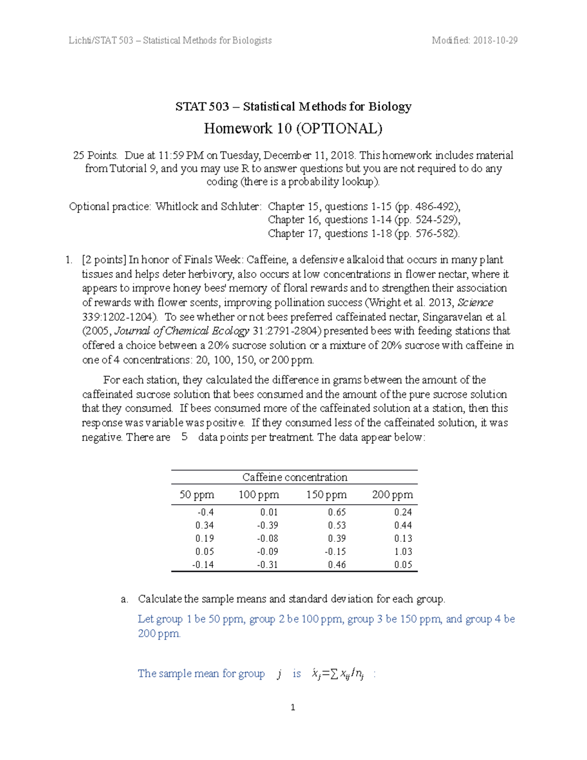Docx copy - hw - STAT 503 – Statistical Methods for Biology Homework 10 (OPTIONAL) 25 Points ...