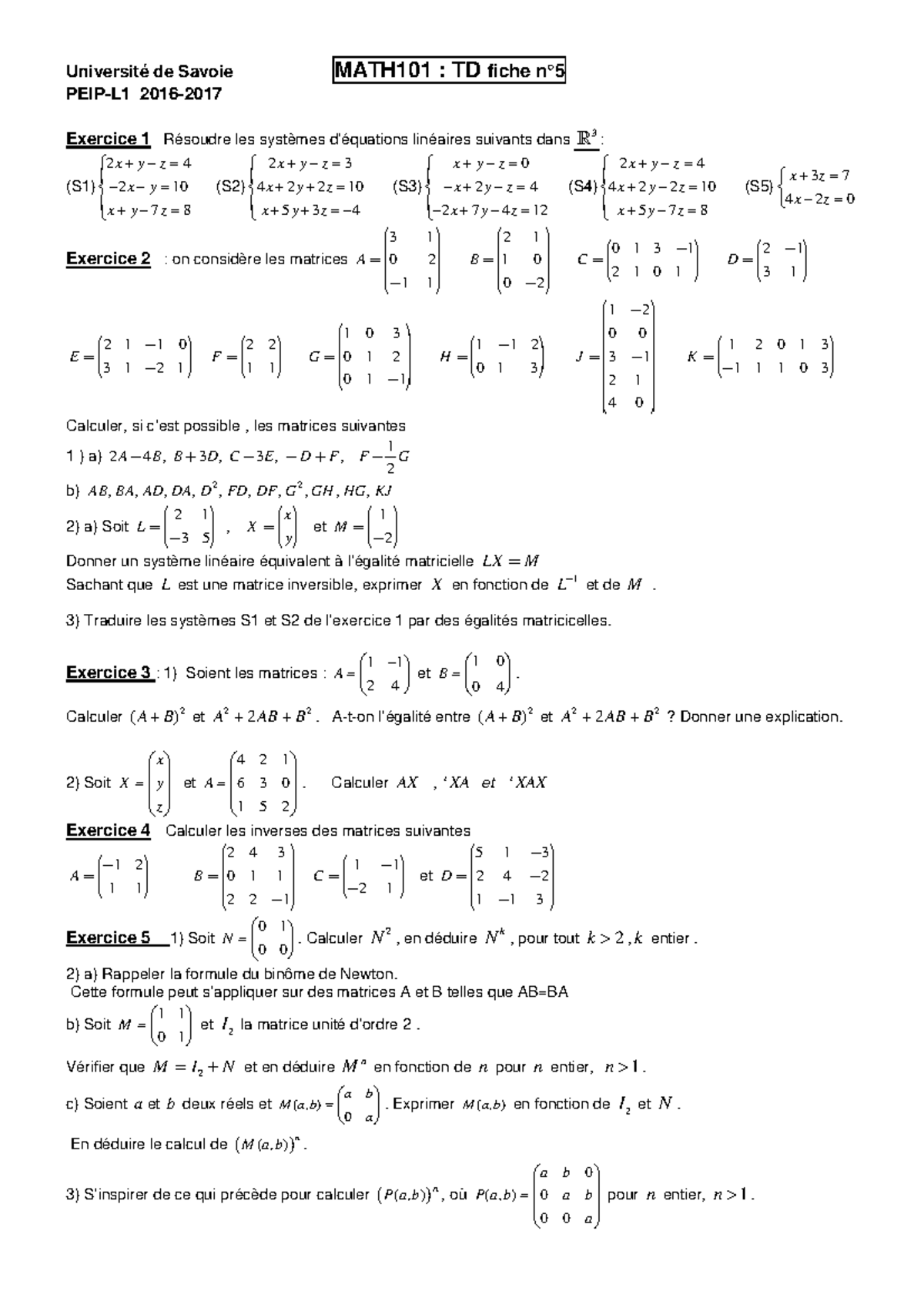 M101-fiche 5 - TD 5 - Université de Savoie MATH101 : TD fiche n° PEIP-L1 2016- Exercice 1 ...