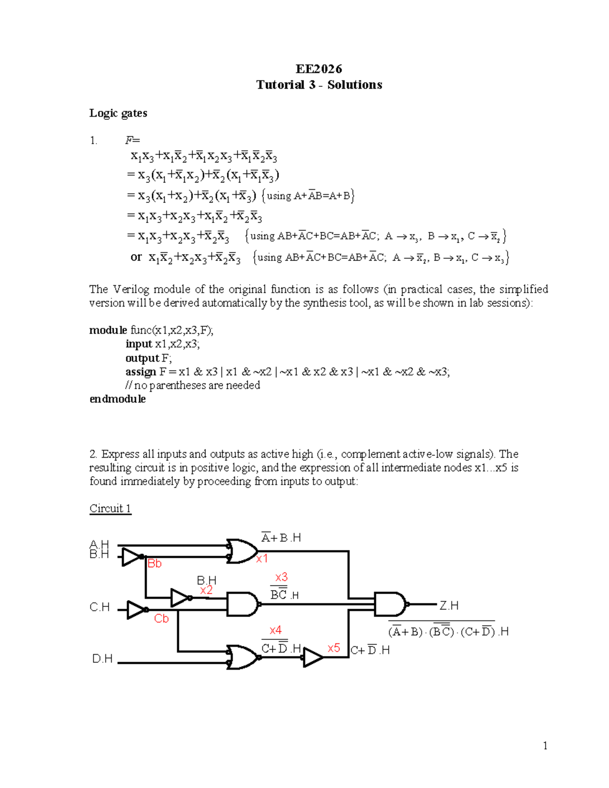 EE2026 Tutorial 3 Solutions (wk4) - EE Tutorial 3 - Solutions Logic ...