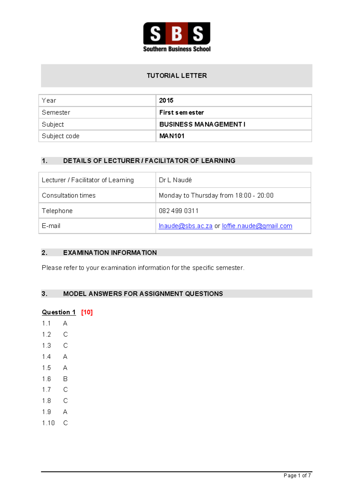 MAN101 2015 01 TL - Tutorial letter for BUSINESS MANAGEMENT I ...