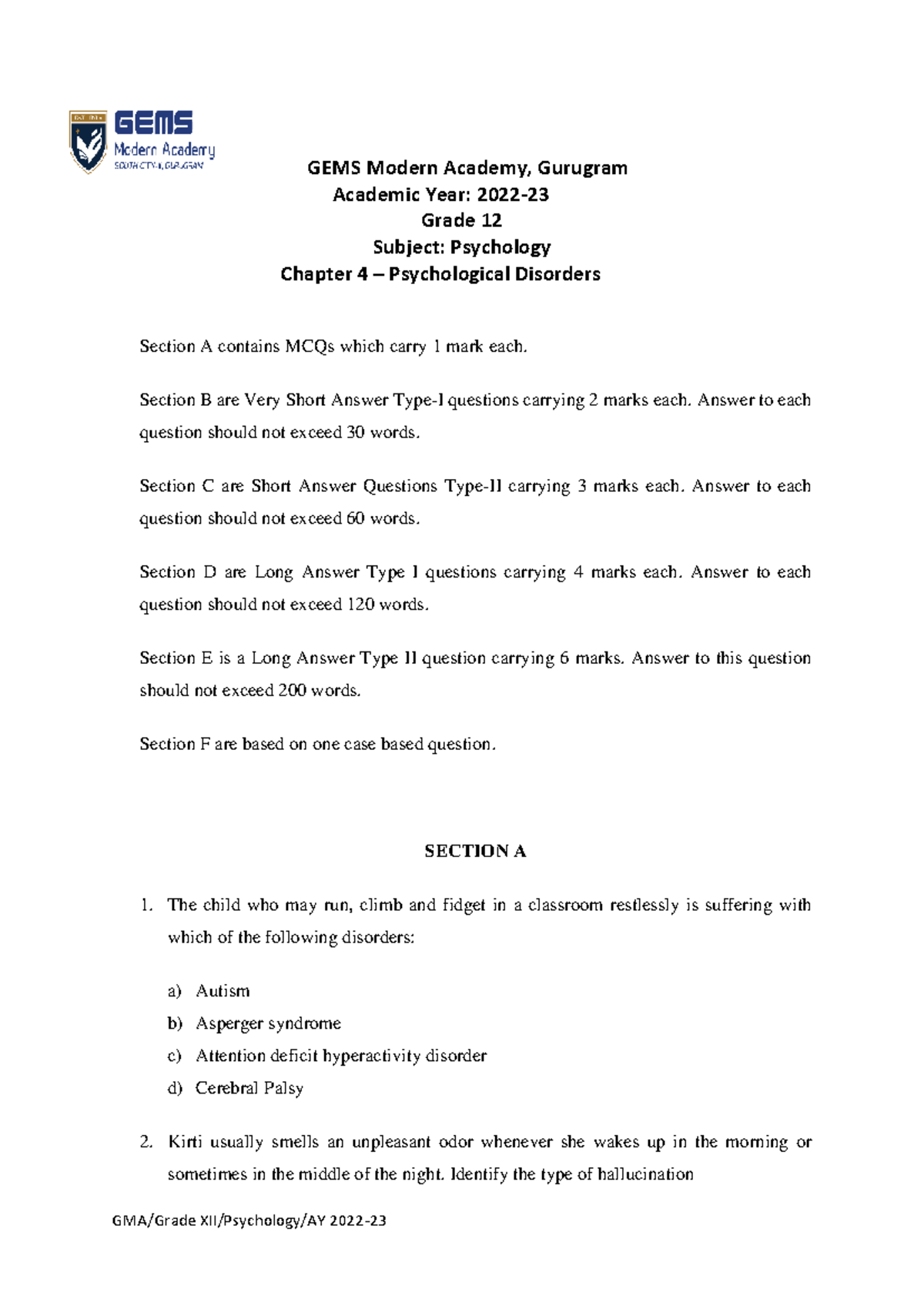 Chapter 4 Sample Paper - GEMS Modern Academy, Gurugram Academic Year ...