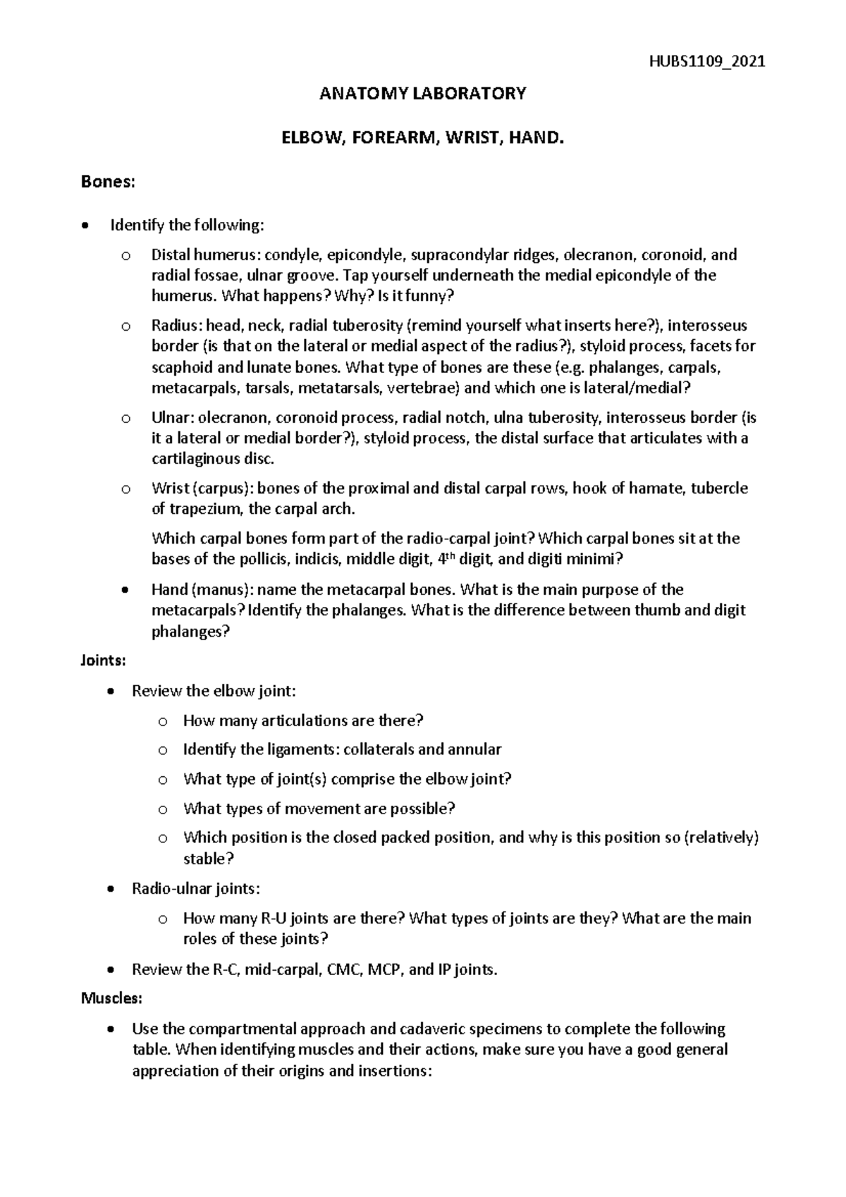 Wk3 Upper Limb 2 Lab Notes - HUBS1109_ ANATOMY LABORATORY ELBOW ...