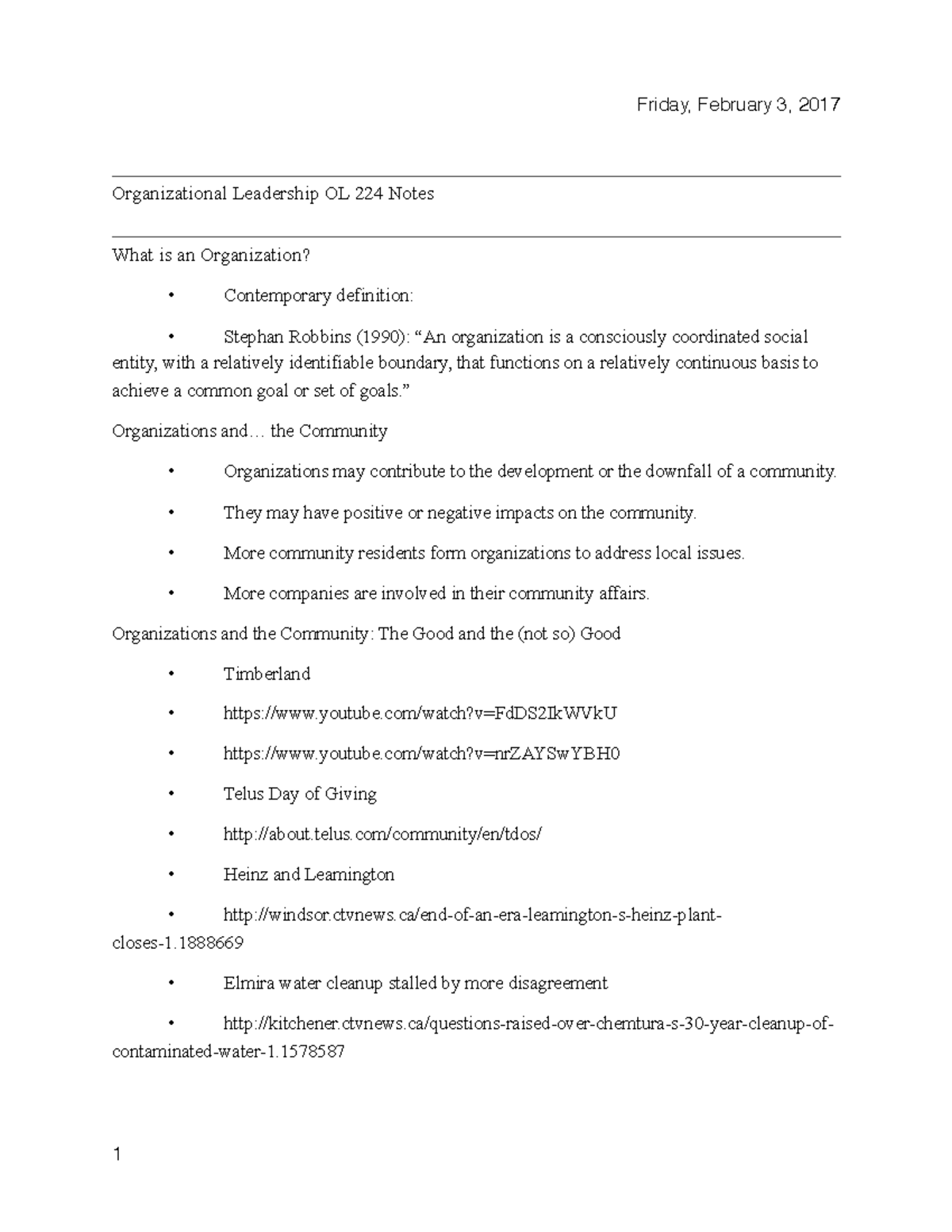 Leadership Notes - Organizational Leadership OL 224 Notes What is an ...