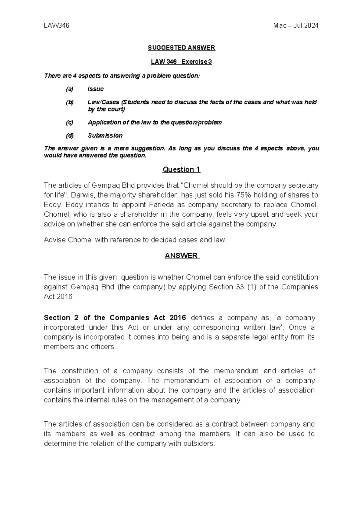 Suggested Answer 3 - SUGGESTED ANSWER LAW 346 Exercise 3 There are 4 ...