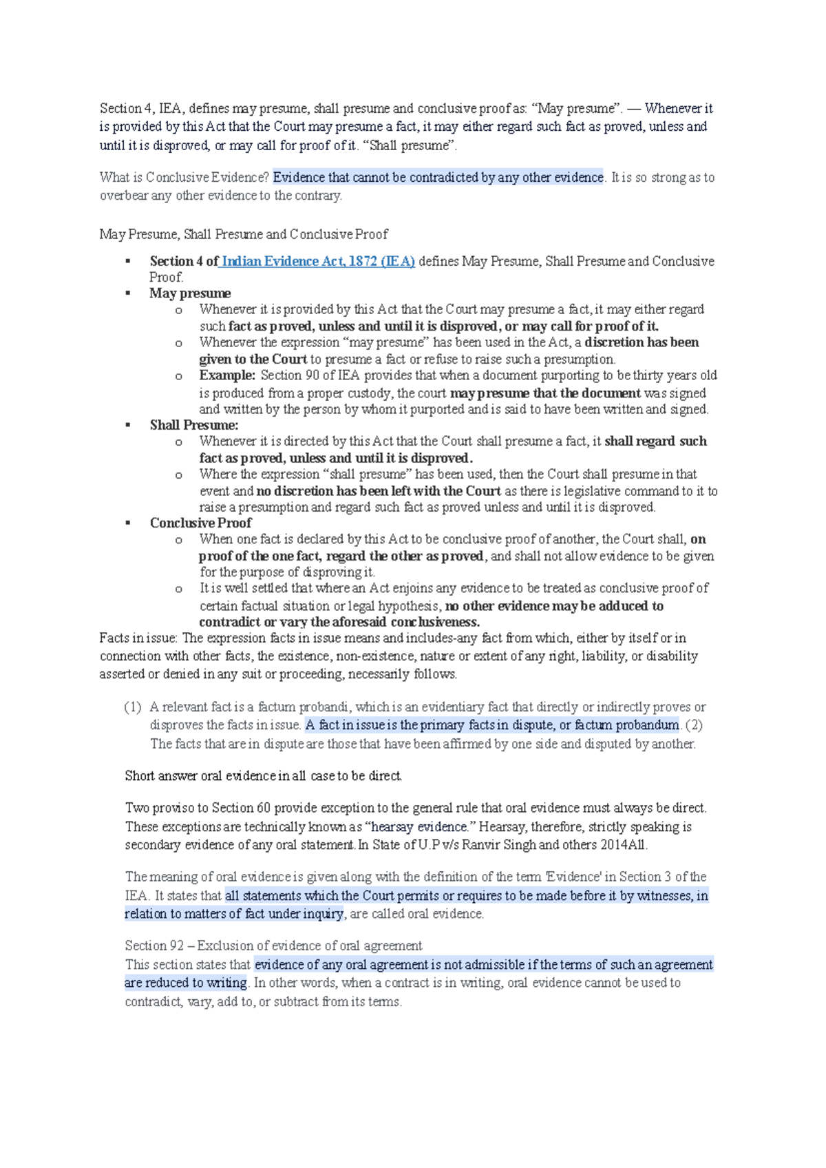 Evidence internals - Section 4, IEA, defines may presume, shall presume ...
