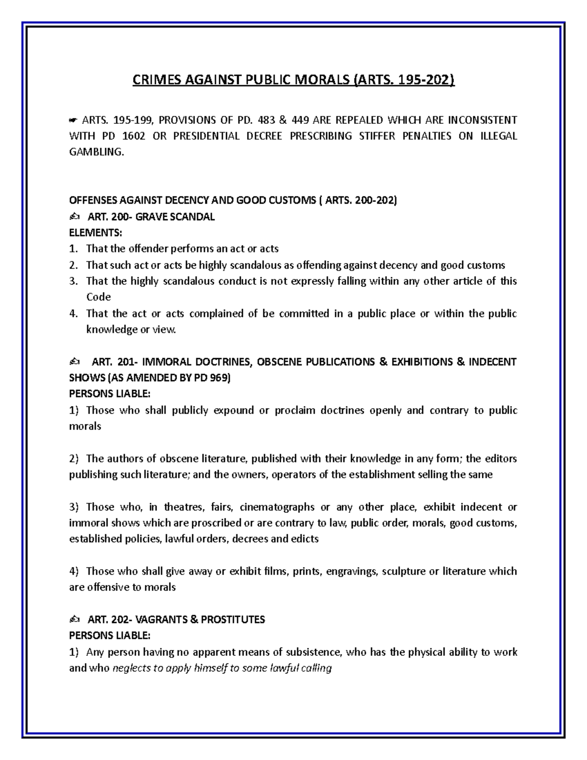 Crimes Against Public Morals (ARTS. 195-202) - Business Law And ...