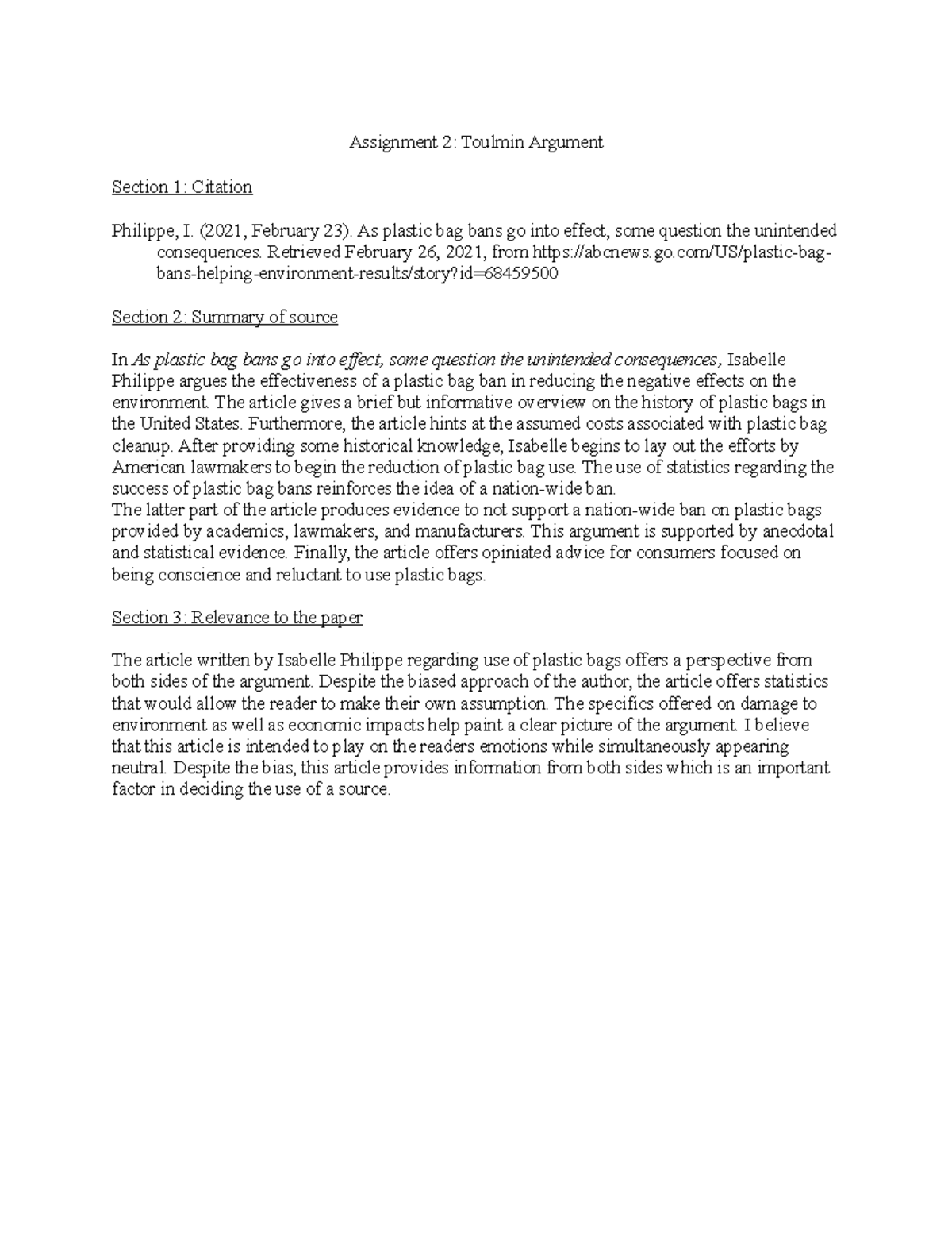 Assignment 2 Toulmin Argument Assignment 2 Toulmin Argument Section 1 Citation Philippe I