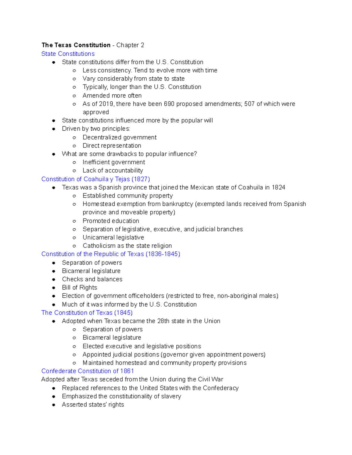 PSCI 2306 Ch 2 Notes - The Texas Constitution - Chapter 2 State ...
