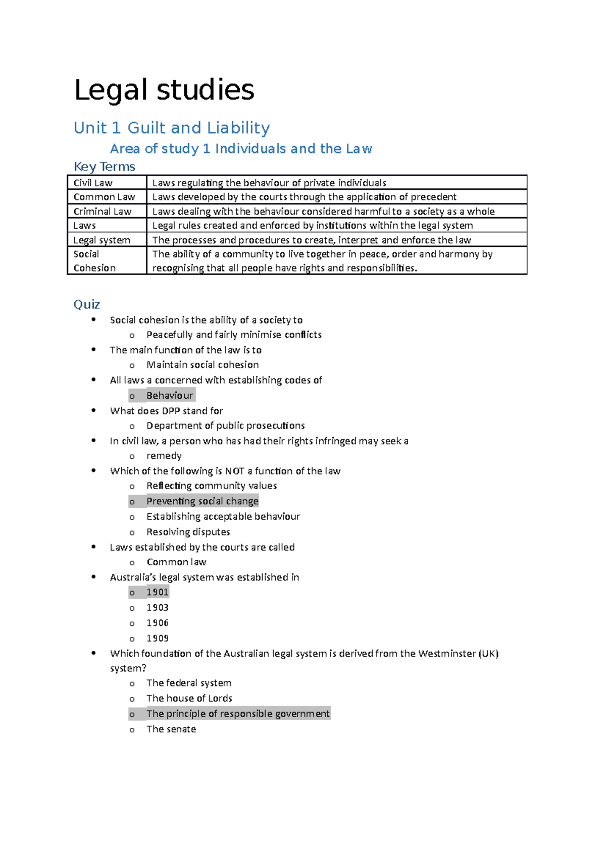 001 Guilt and liability - Legal studies Unit 1 Guilt and Liability Area ...