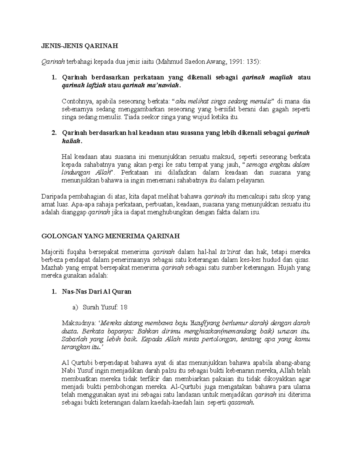 Jenis Qarinah - JENIS-JENIS QARINAH Qarinah terbahagi kepada dua jenis ...