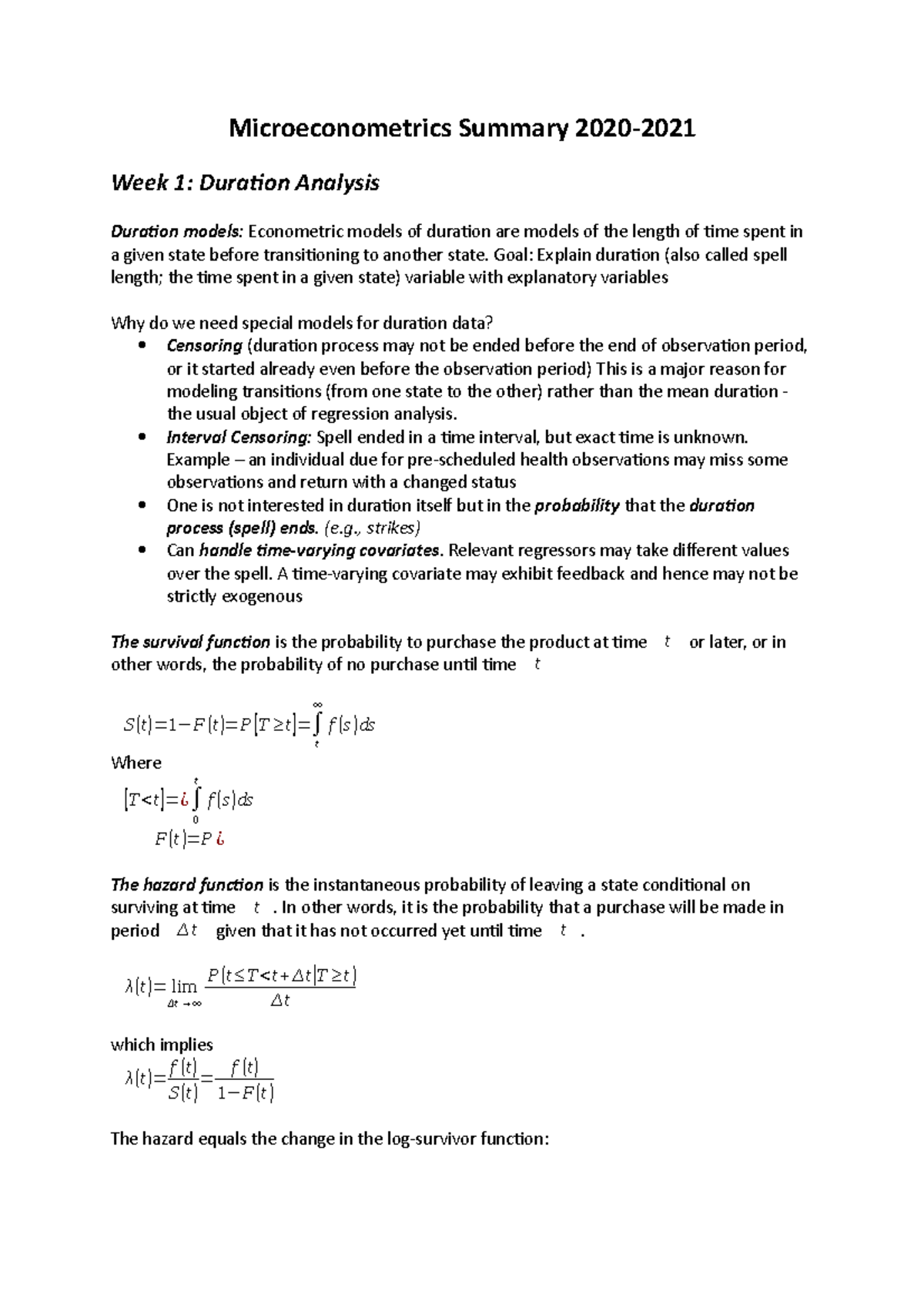 Microeconometrics 2020 -2021- Summary - Microeconometrics Summary 2020- Week 1: Duration ...