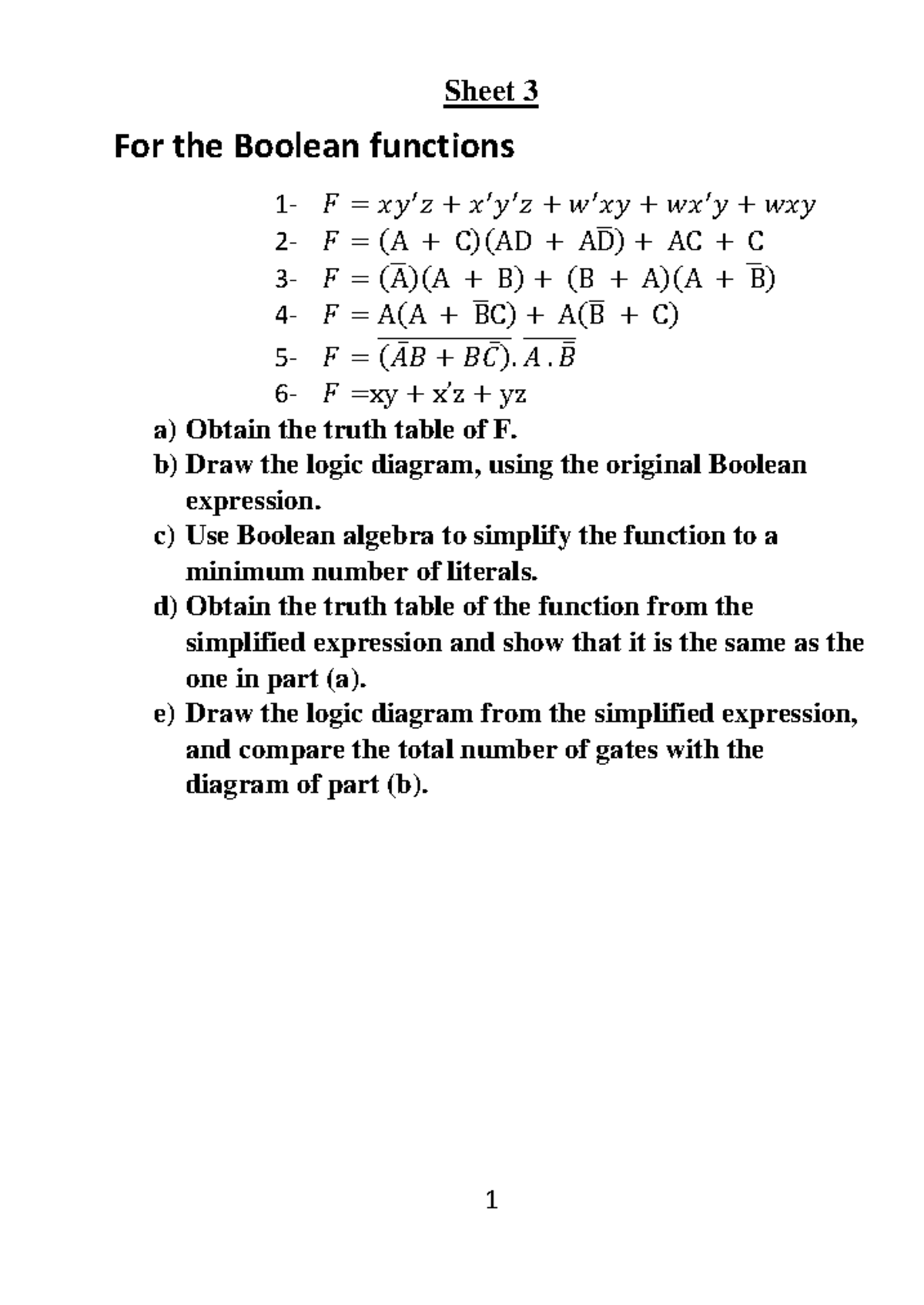 Sheet 3 - Logic gates - 1 Sheet 3 For the Boolean functions 1 - 𝐹 = 𝑥𝑦 ...