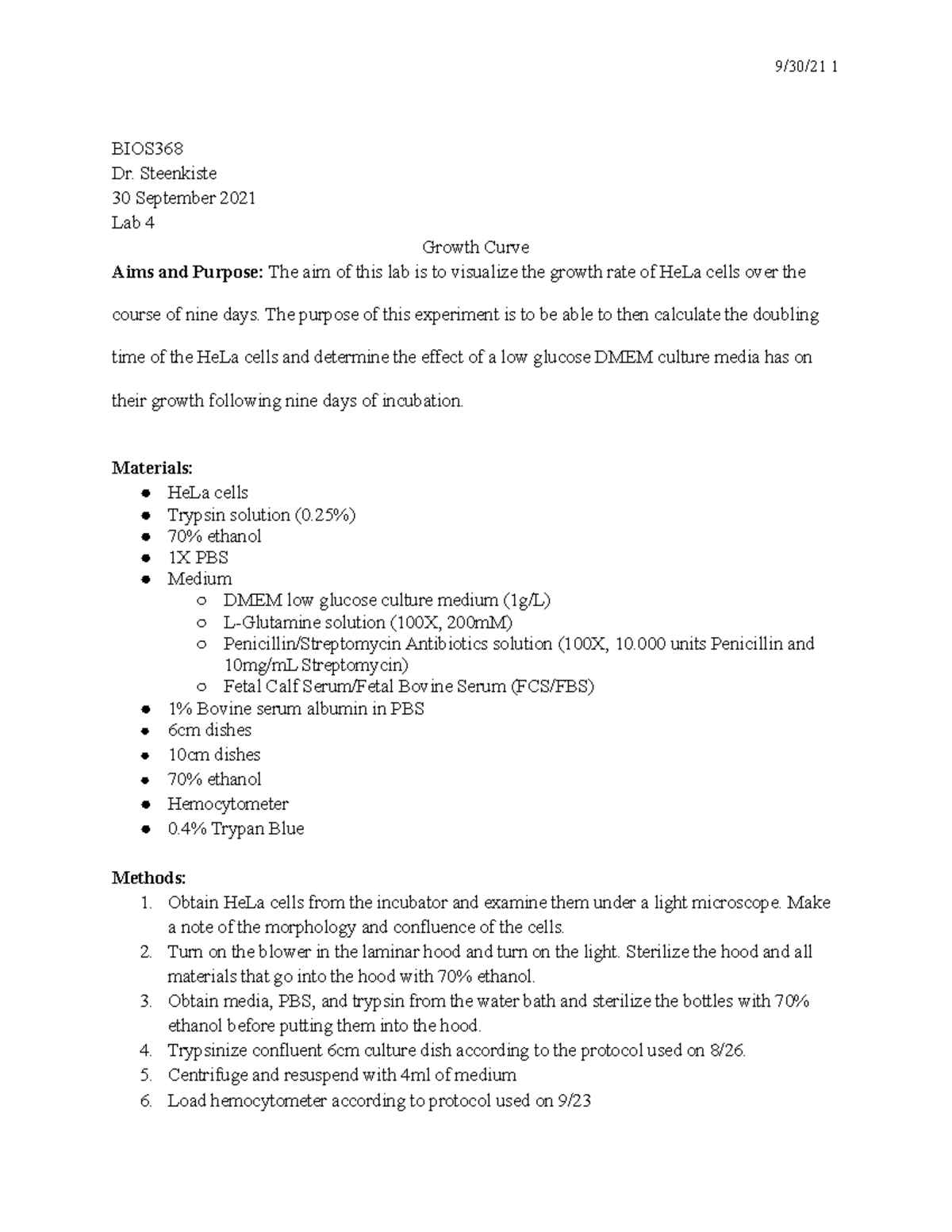 BIOS368 Lab4 Growth Curve - BIOS Dr. Steenkiste 30 September 2021 Lab 4 ...