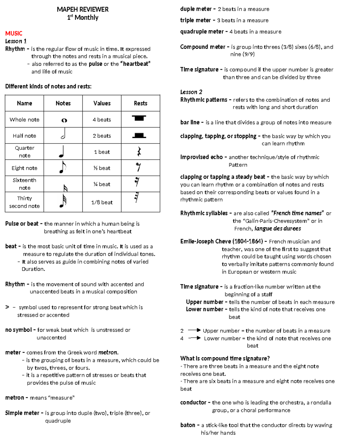 Mapeh Reviewer 1st Monthly - MAPEH REVIEWER 1 st Monthly MUSIC Lesson 1 ...