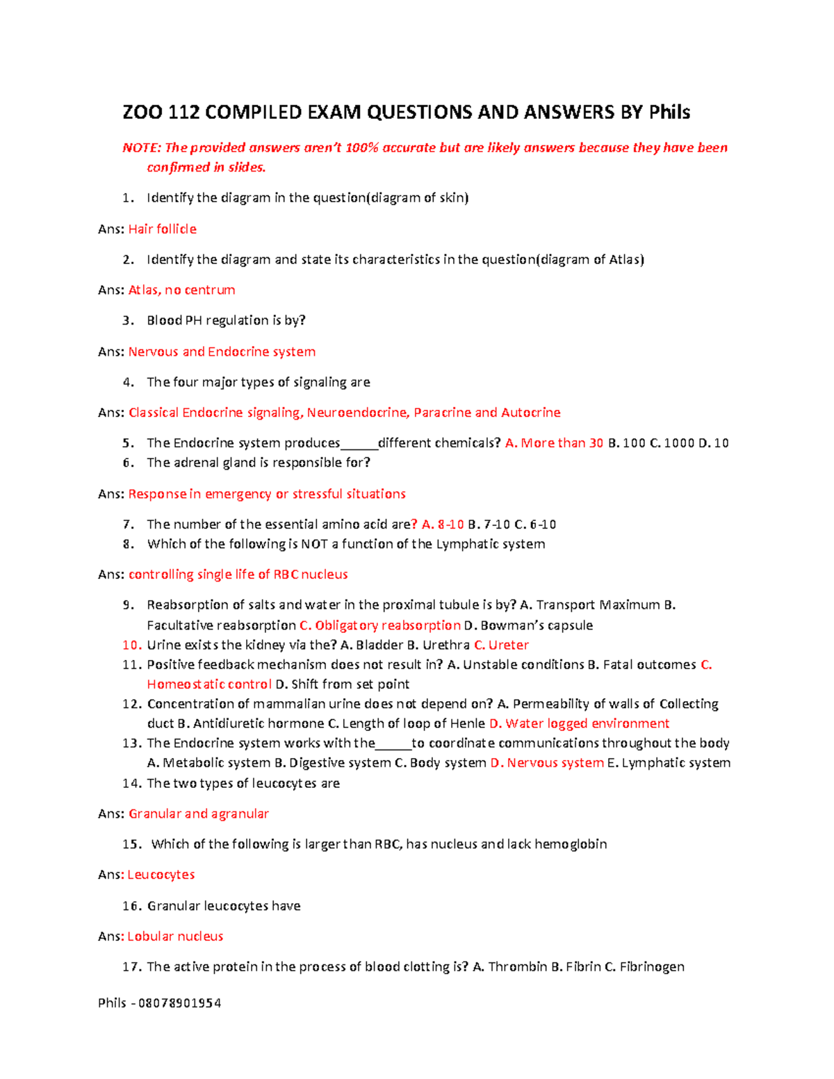 ZOO 112 EXAM Questions BY Phils - Phils - 08078901954 ZOO 112 COMPILED ...