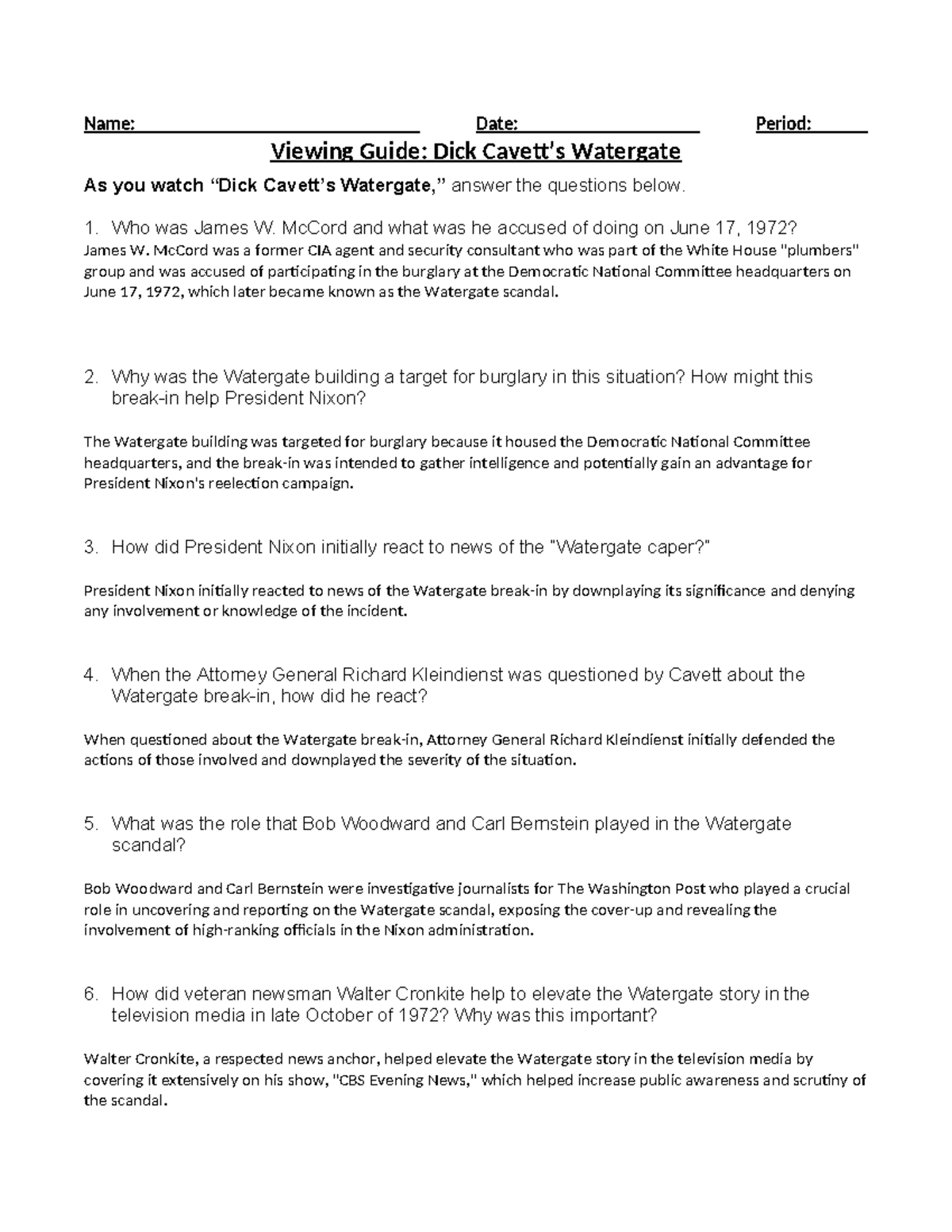 Dick Cavetts Watergate Viewing Guide and Questions - Name: Date: Period ...