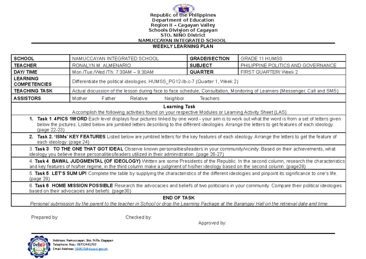 WEEK 2 Polgov - DLL 3 - Republic of the Philippines Department of ...