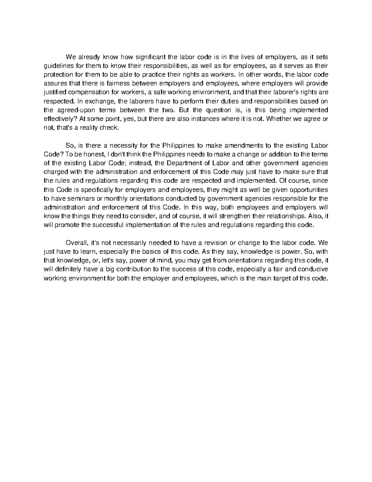 Labor CODE Essay - We already know how significant the labor code is in ...