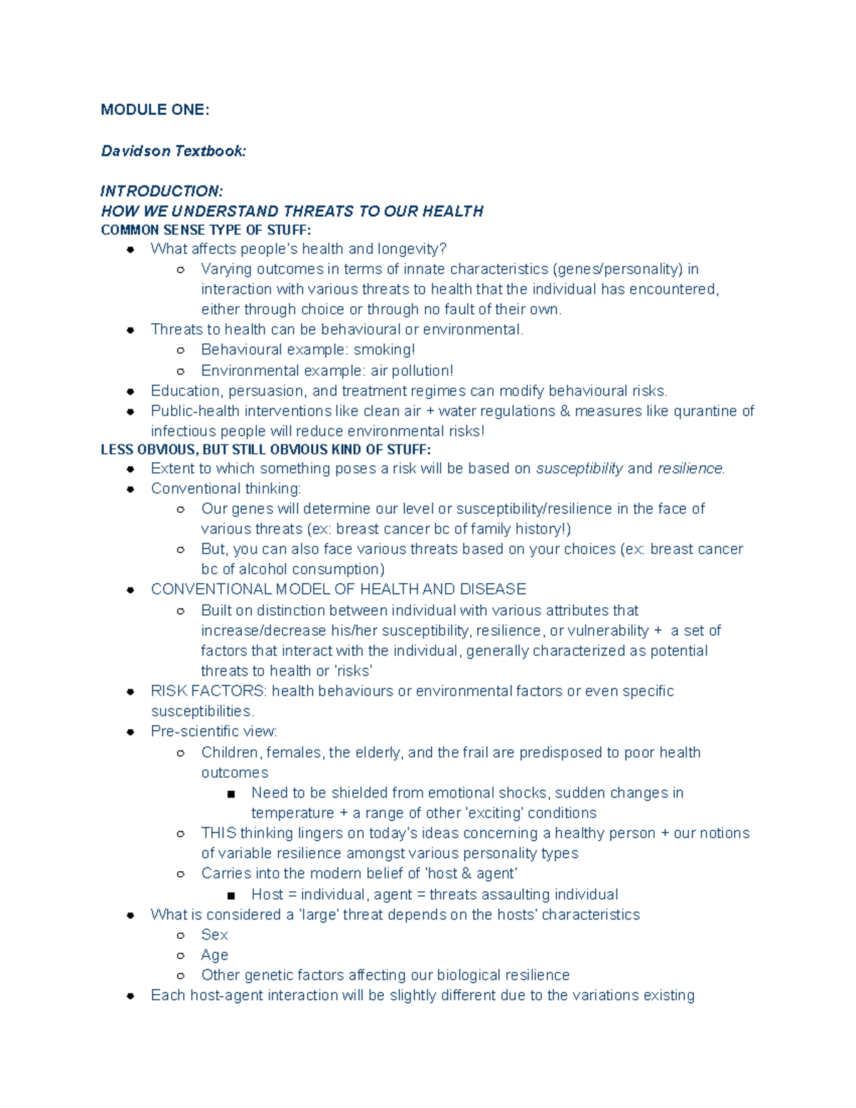 Health Module 1 - Lecture notes 1-5 - MODULE ONE: Davidson Textbook ...