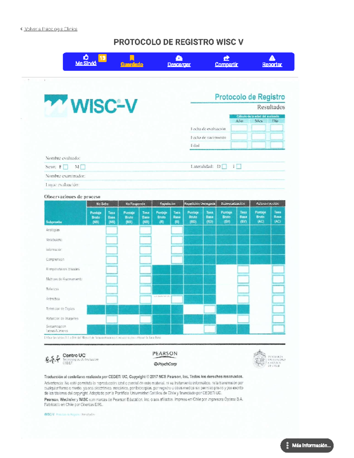 WISC-V Protocolo- Examen 10 - Pruebas psicologicas - UCV - StuDocu