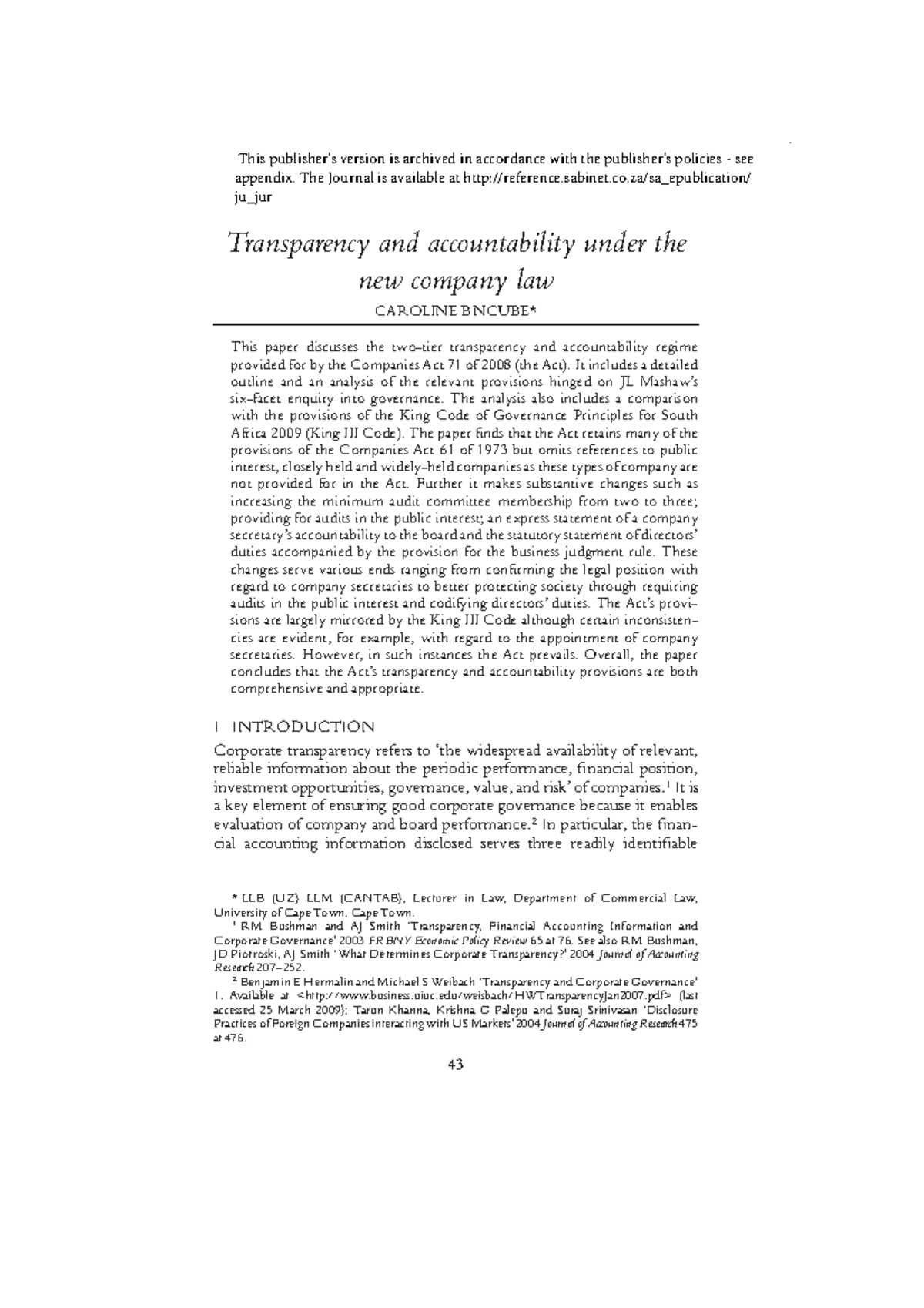 Transparency and accountability under the new company law ...