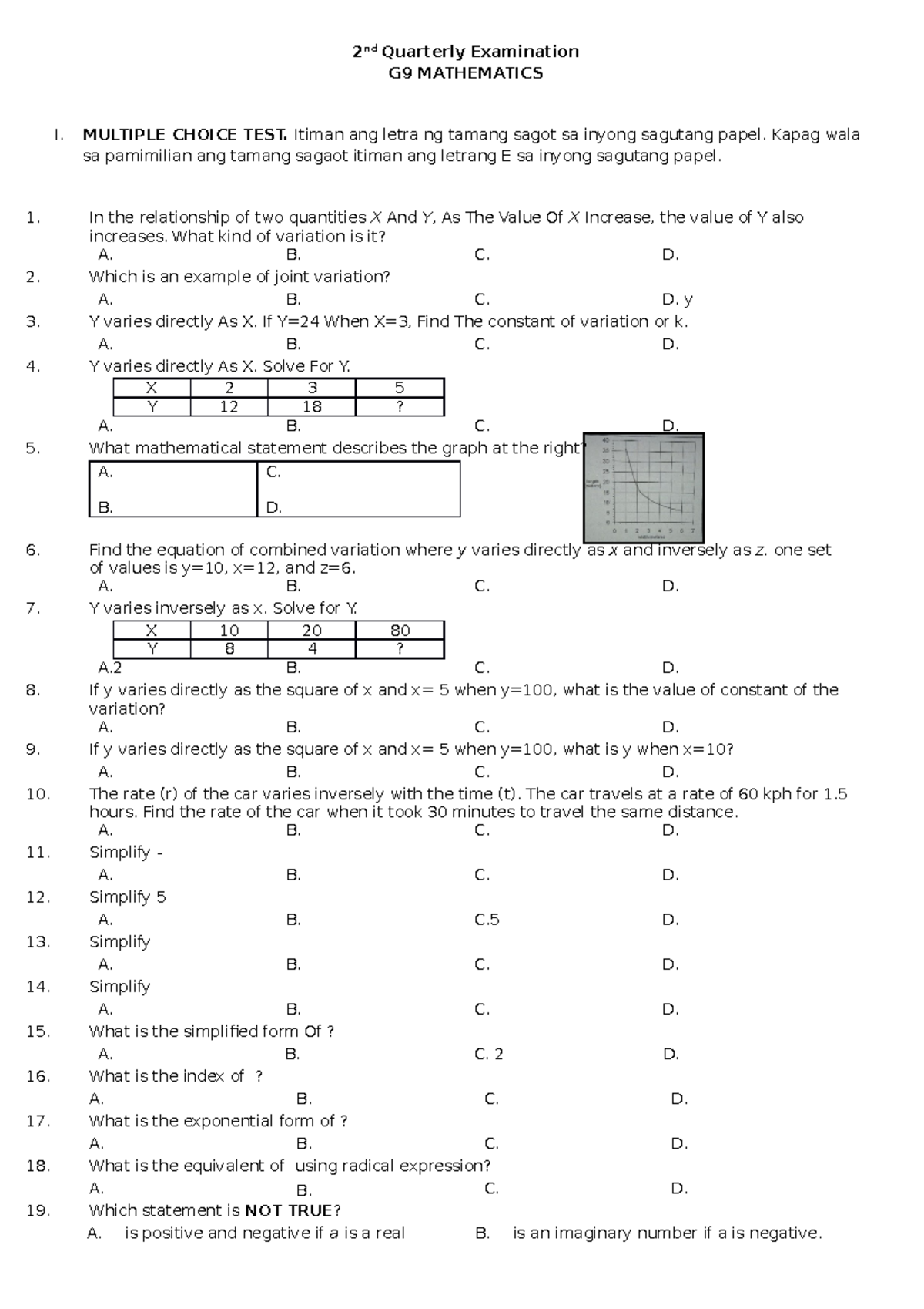 2nd quarter exam copy copy 075303 2 Nd Quarterly Examination G9