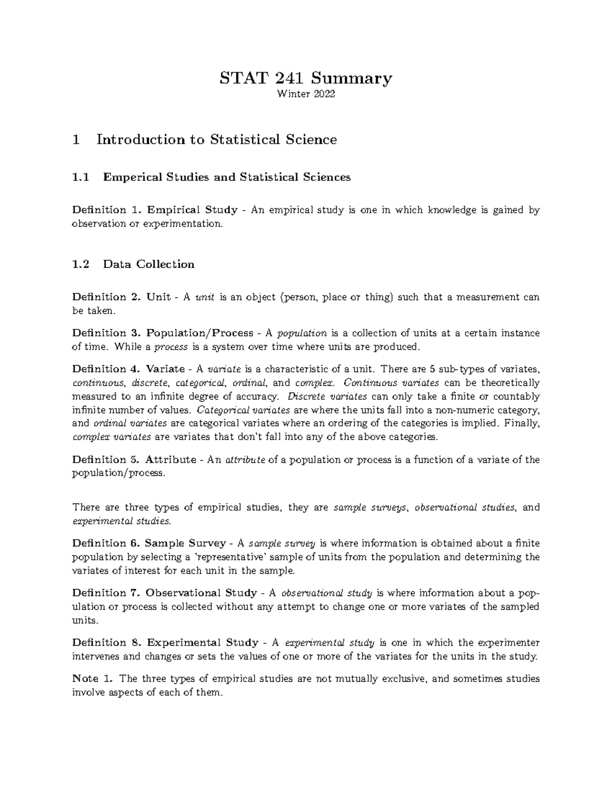 STAT 231 Notes - STAT 241 Summary Winter 2022 1 Introduction to ...