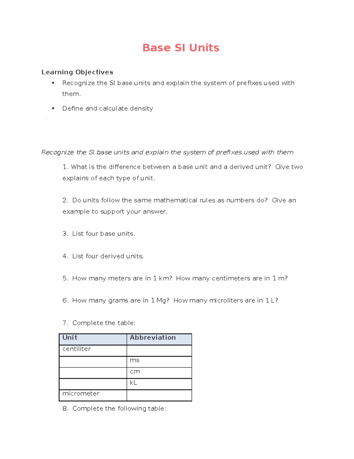 Section 1.6 Worksheet - class practice assignment - Base SI Units ...