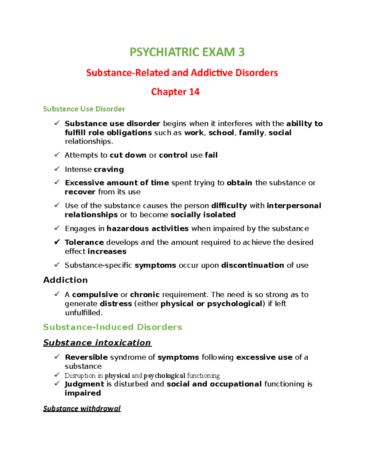 Psychiatric EXAM 3 - exam notes - PSYCHIATRIC EXAM 3 Substance-Related ...