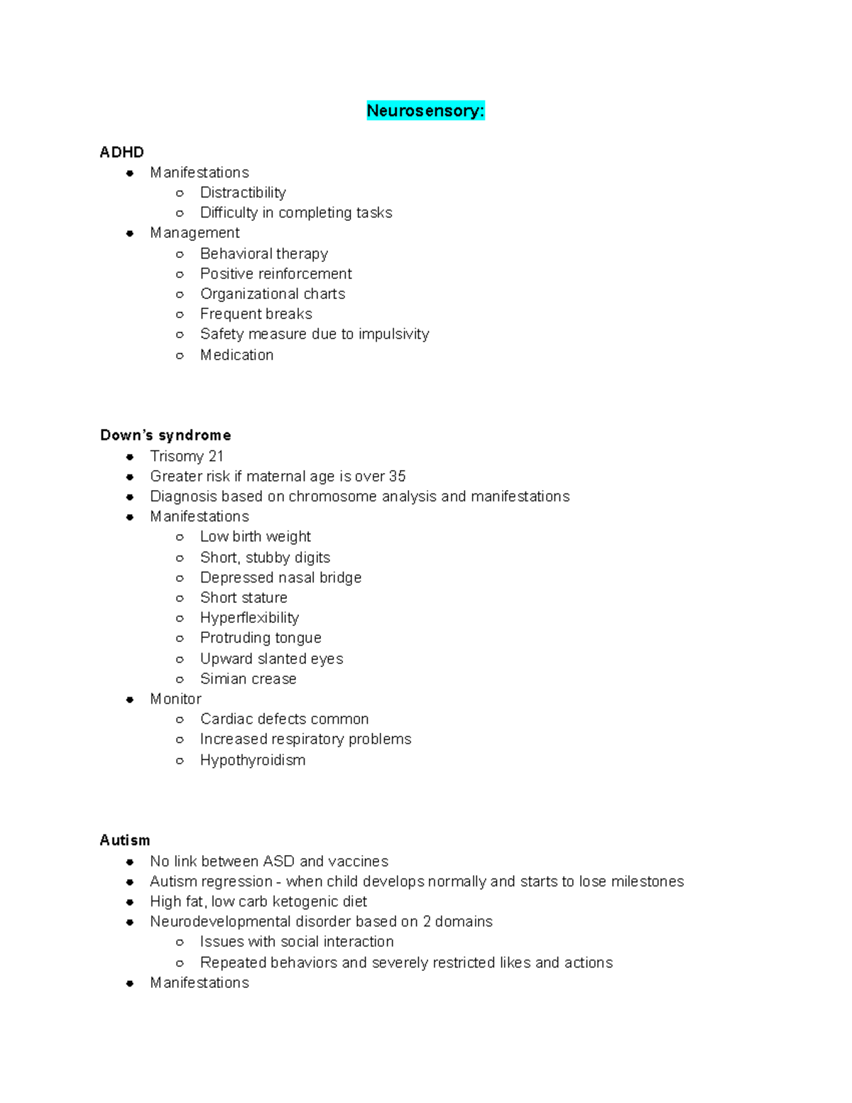 Unit 10 study guide - Neurosensory: ADHD Manifestations Distractibility ...