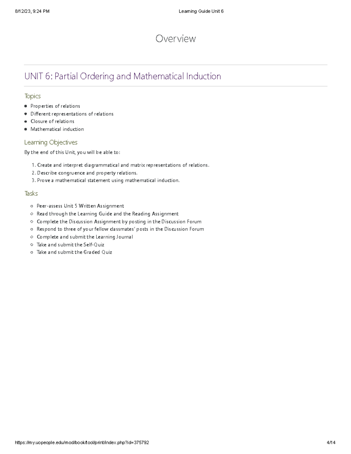 Learning Guide Unit 6 - Overview UNIT 6: Partial Ordering and Mathematical Induction Topics ...