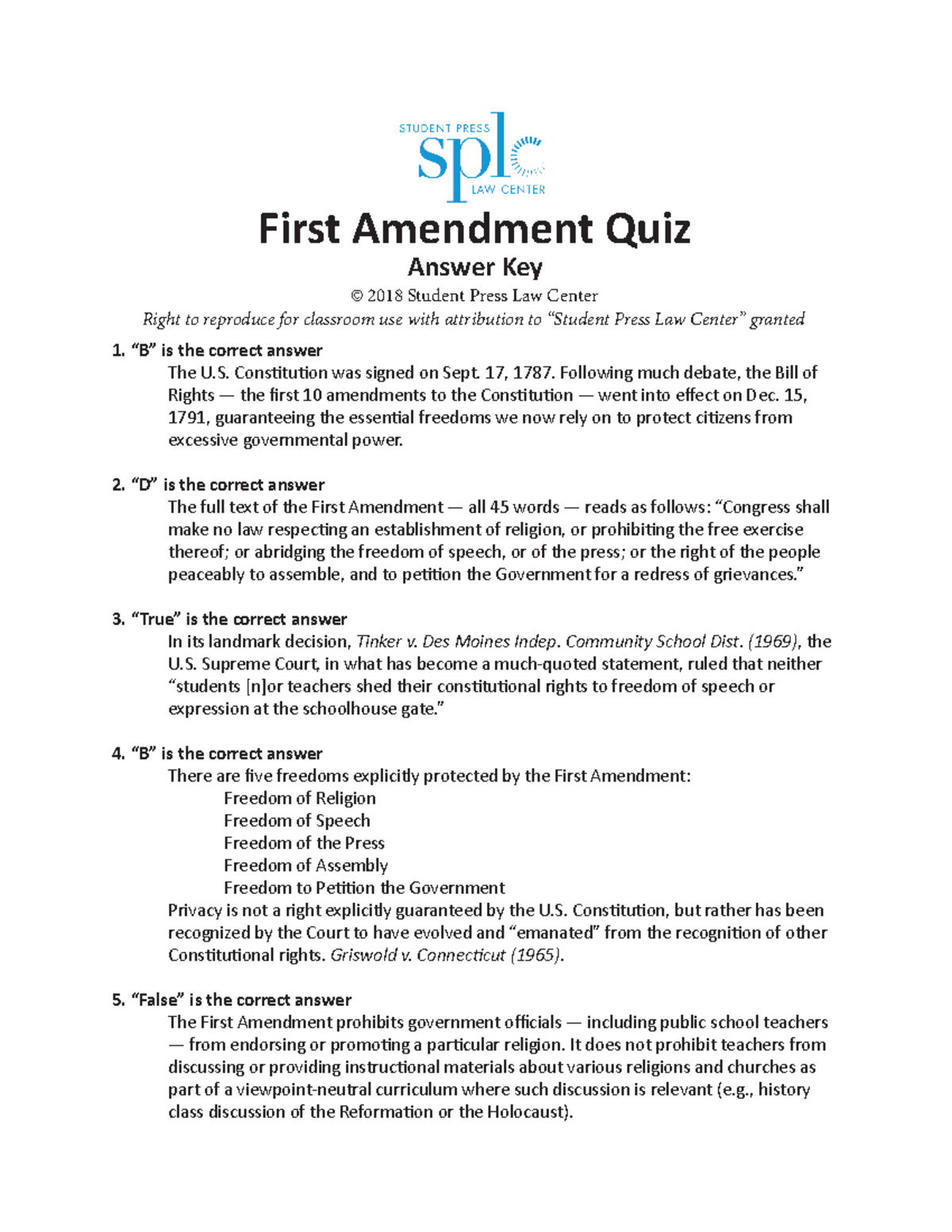 First Amendment Answer Key 2 - © 2018 Student Press Law Center Right to ...