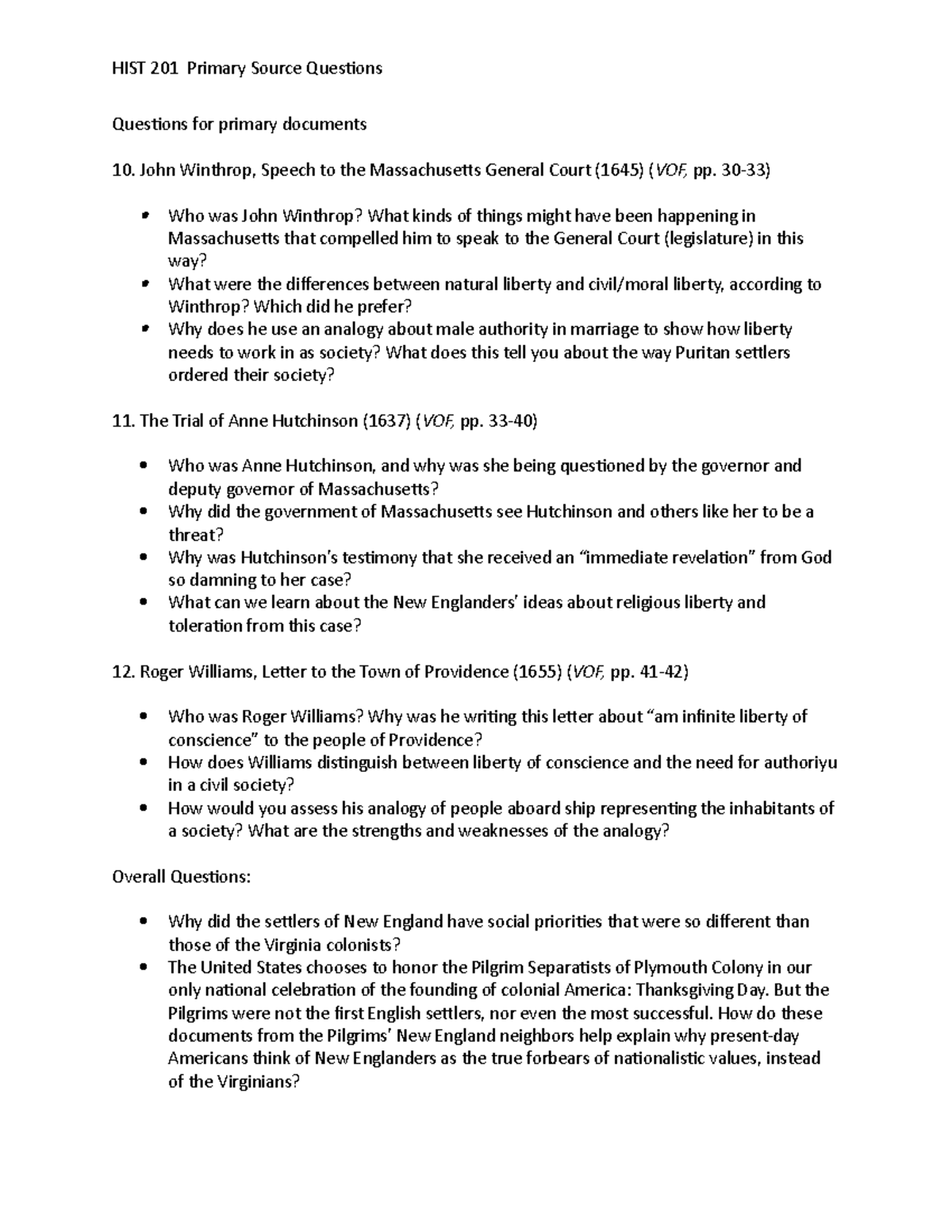 Questions for Primary Documents for New England and the Middle Colonies ...