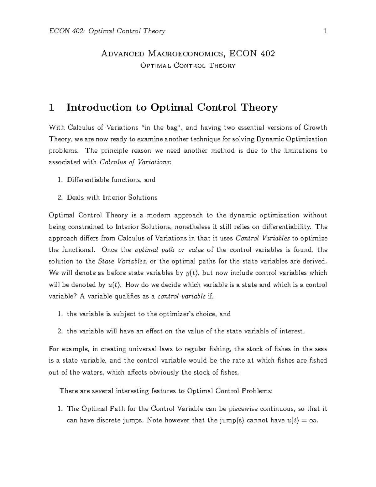 Advmacrolec 3 - ECON 402: Optimal Control Theory 1 Advanced ...