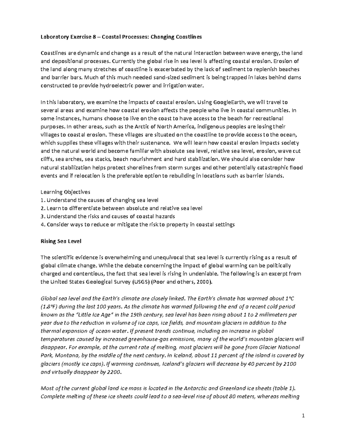 Laboratory Exercise 8 Changing Coastlines - Laboratory Exercise 8 ...