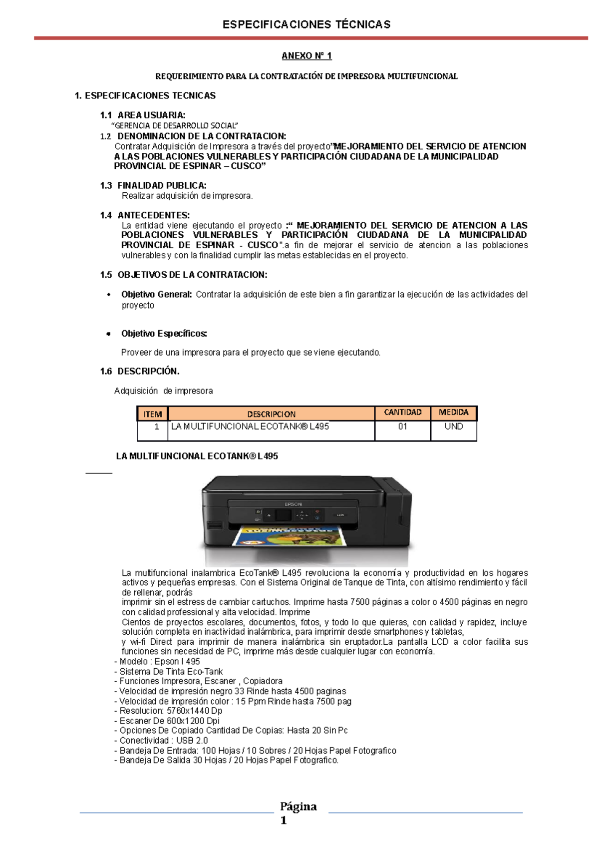 419417435-Tdr-Impresora - ESPECIFICACIONES TÉCNICAS ANEXO Nº 1 REQUERIMIENTO PARA LA ...