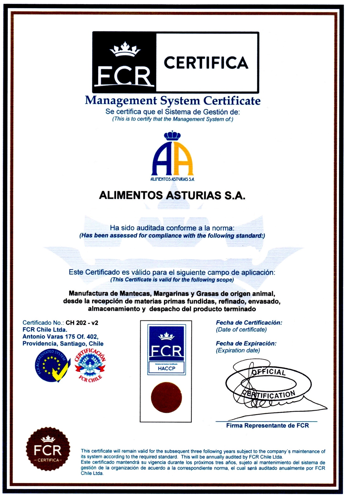 Certificado Sistema de Ge - CERTIFICA FCR Management System Certificate ...